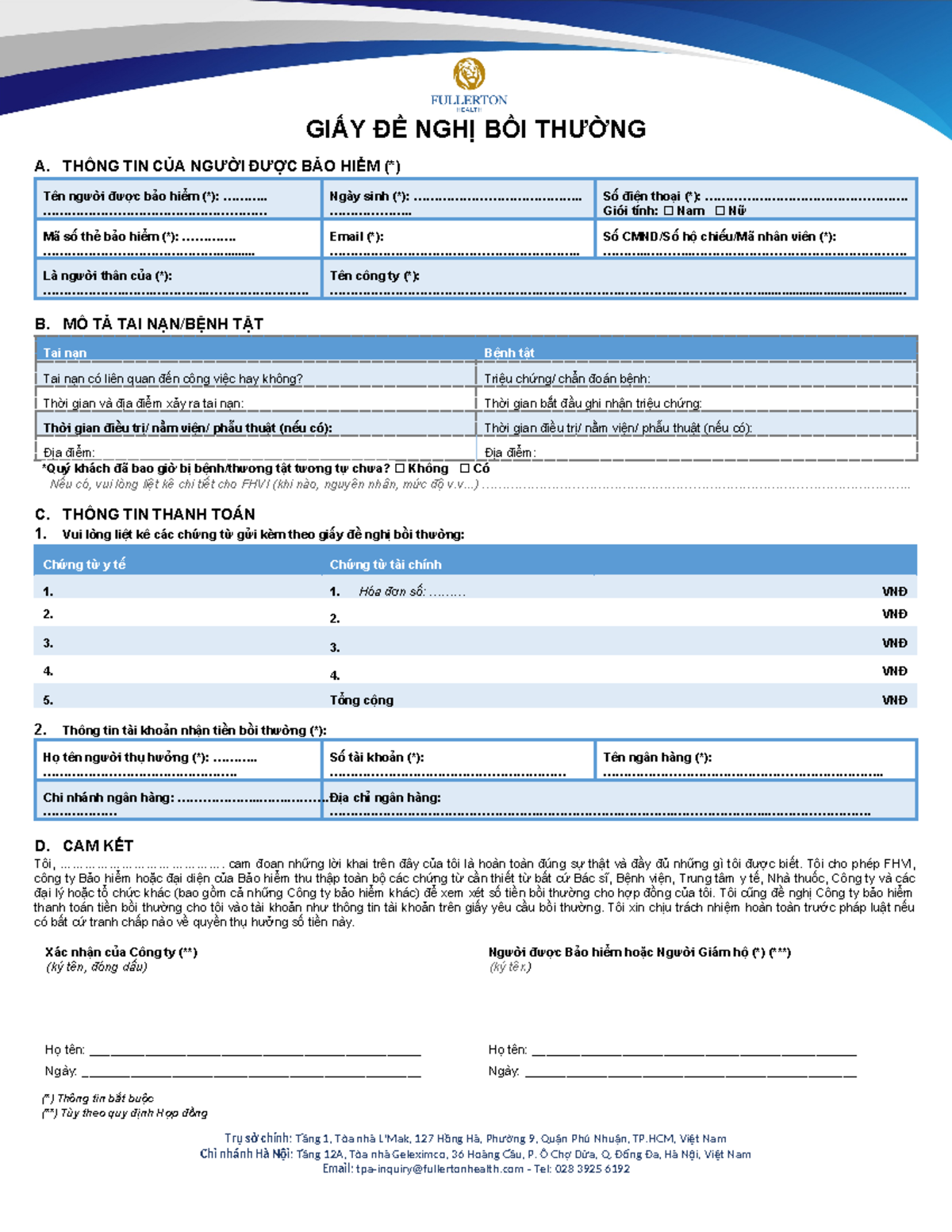 FHVI - Giấy đề nghị yêu cầu bồi thường (VN) - GIẤY ĐỀ NGHỊ BỒI THƯỜNG A ...