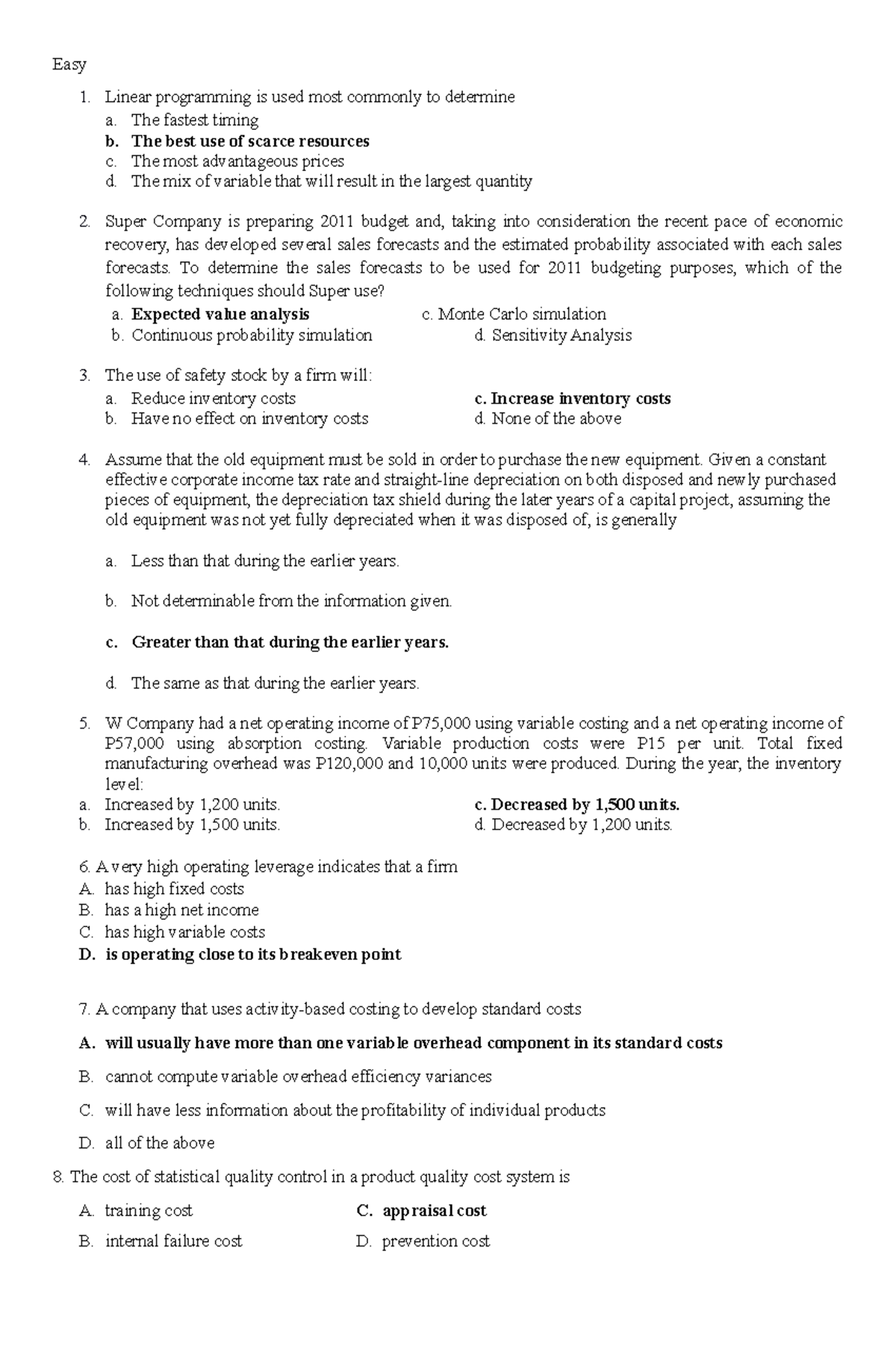 MAS- Reviewer 4 - Easy 1. Linear programming is used most commonly to ...