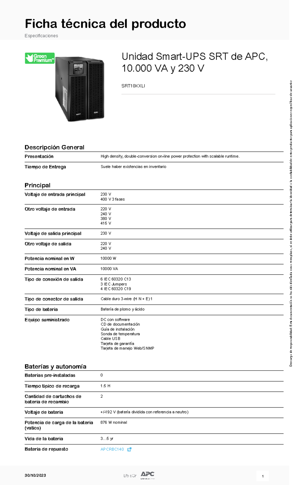 Smart-UPS en línea SRT10KXLI - Ficha técnica del producto Especificaciones Unidad Smart-UPS SRT ...