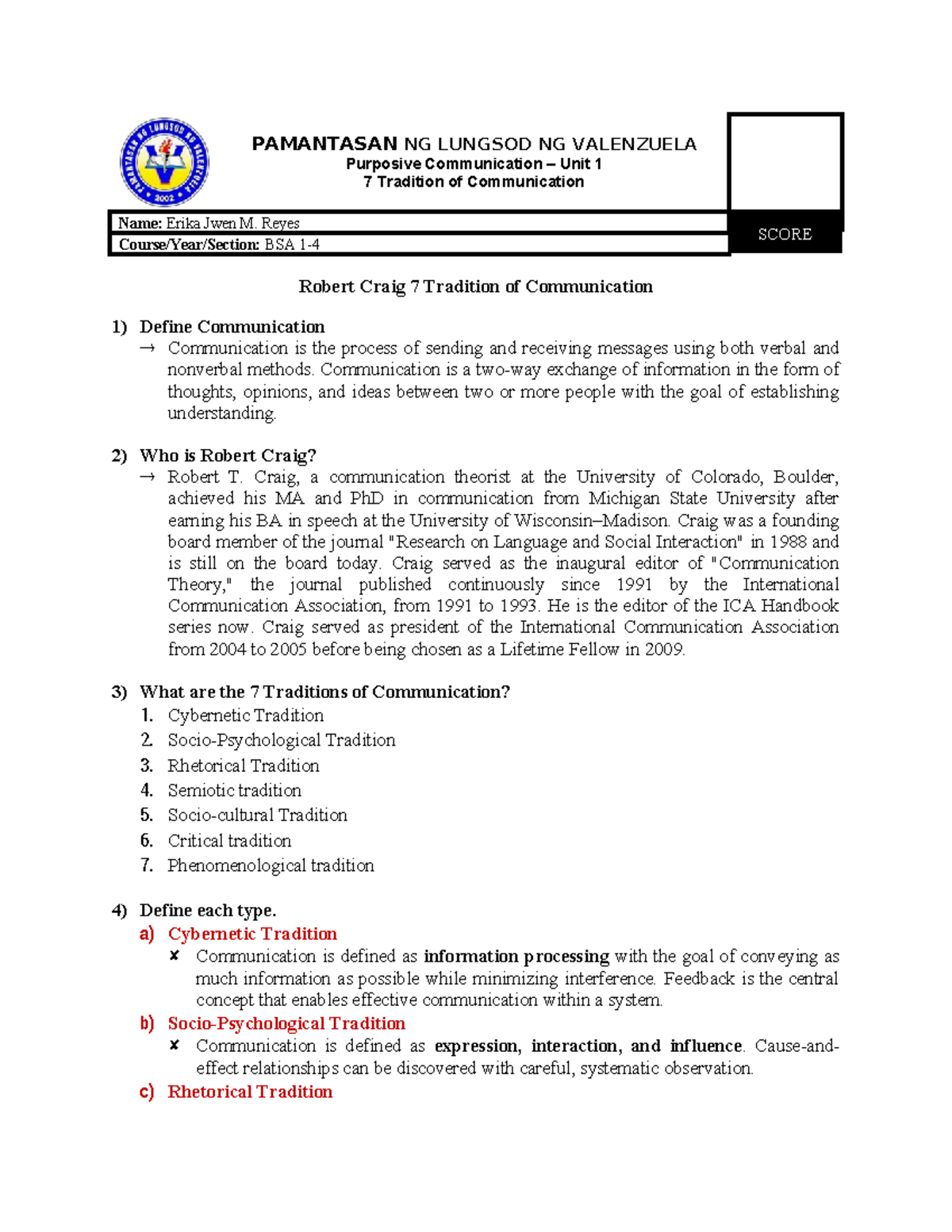 7 Tradition of Communication by Robert Craig - PAMANTASAN NG LUNGSOD NG VALENZUELA Purposive ...