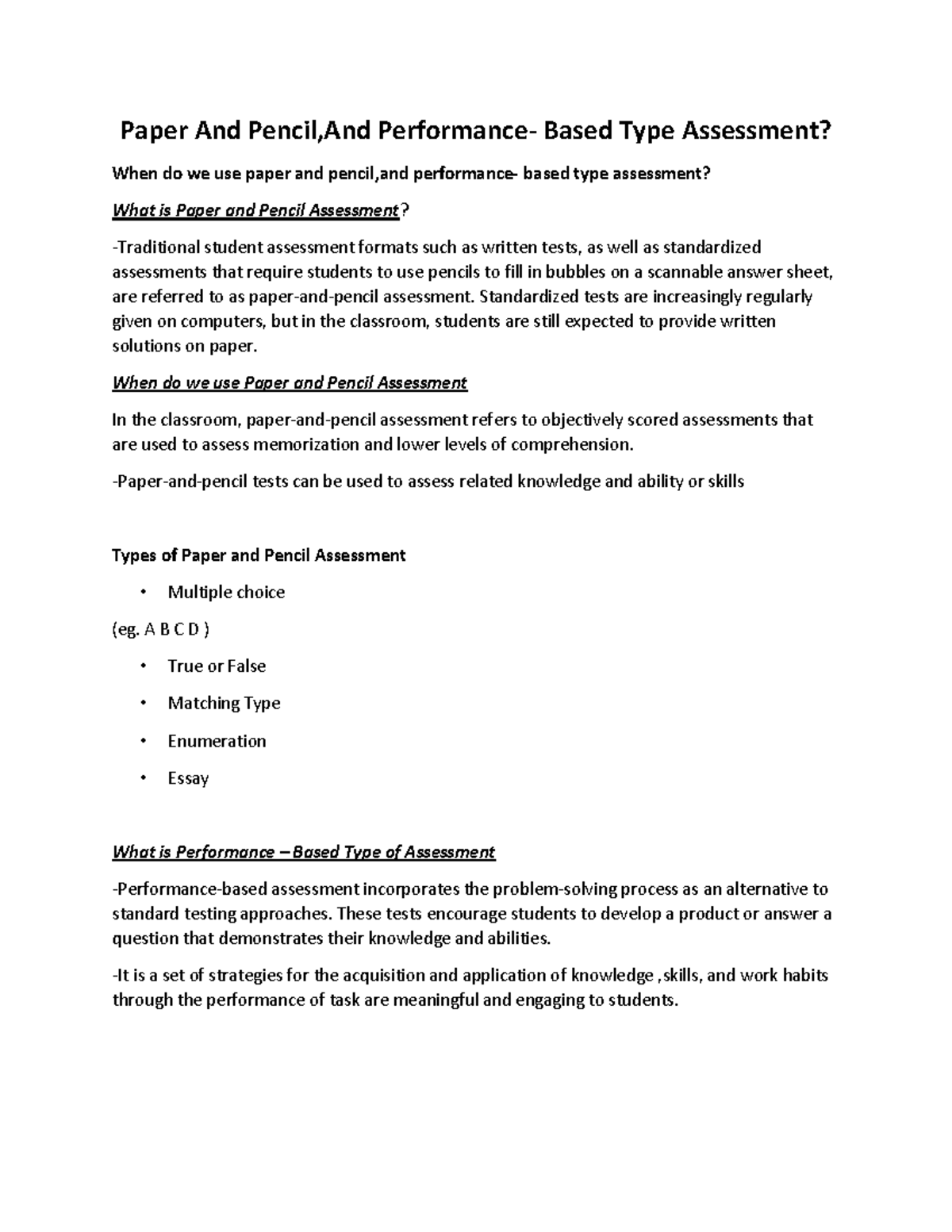 Pencil and Paper Assessment (Notes) - Paper And Pencil,And Performance ...