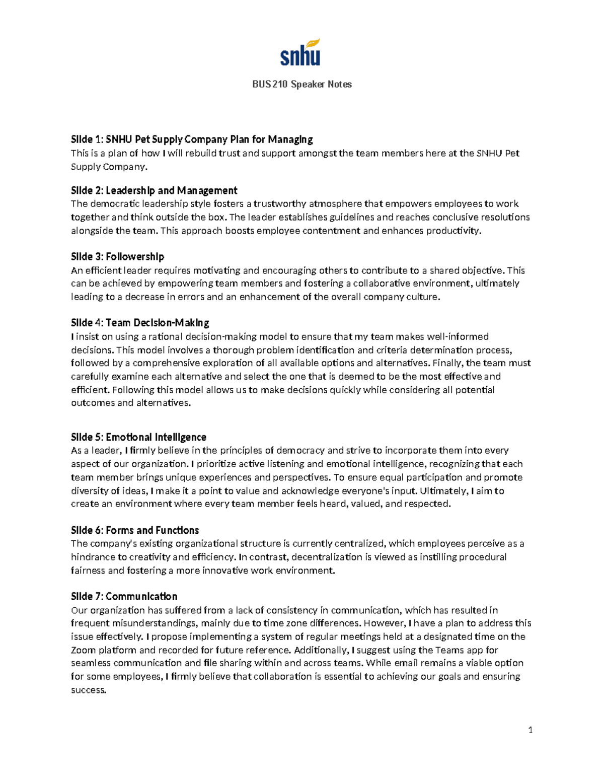 BUS 210 Speaker Notes 7-3 - BUS 210 Speaker Notes Slide 1: SNHU Pet ...