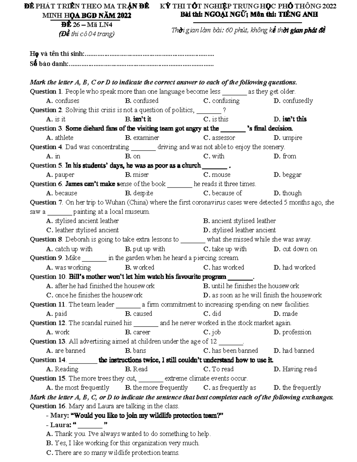 Đề 26 - Tiêu chuẩn (LN4) HS - PHÁT TRI N THEO MA TR MINH H 26 Mã LN thi có 04 trang) K THI T T ...