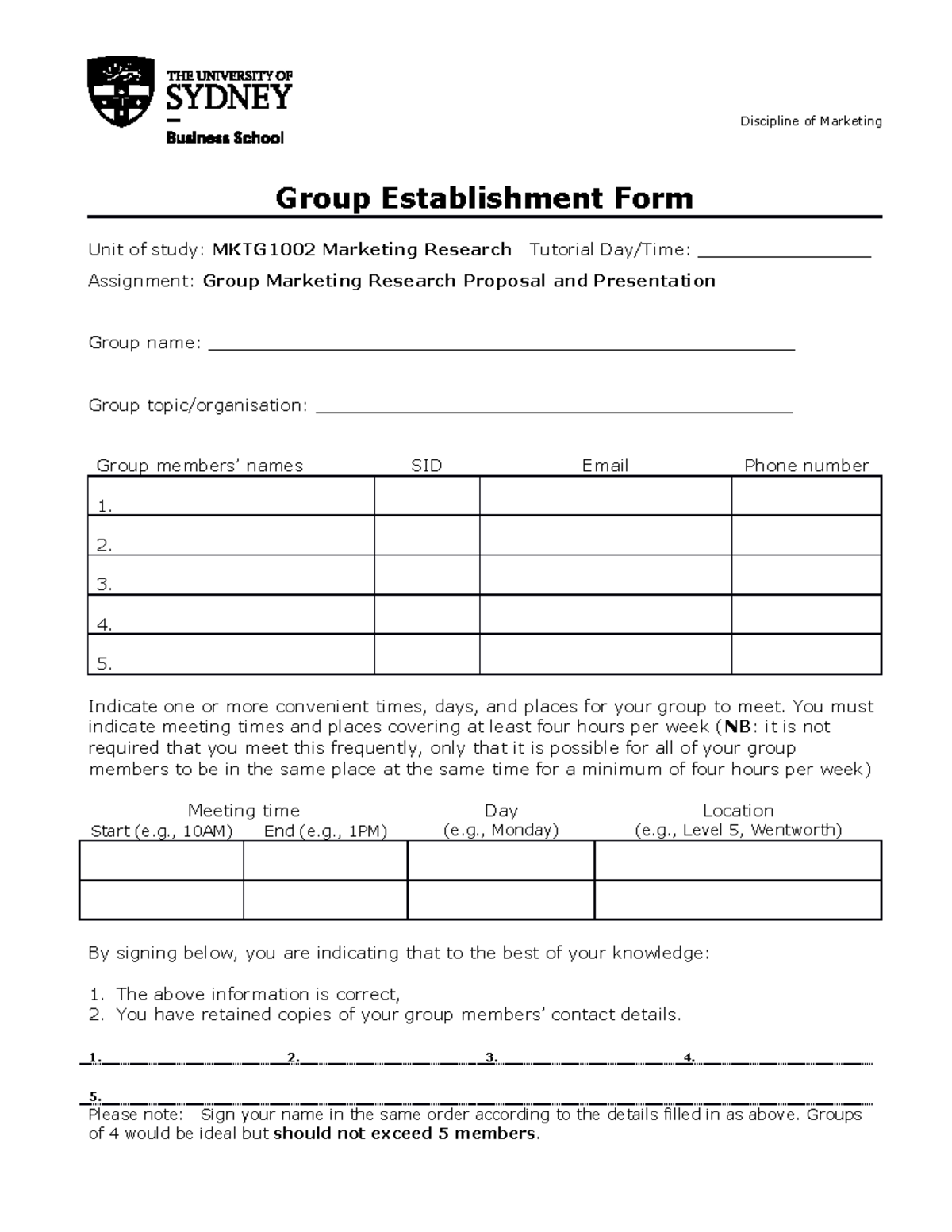 Group Establishment Form - Discipline of Marketing Group Establishment ...
