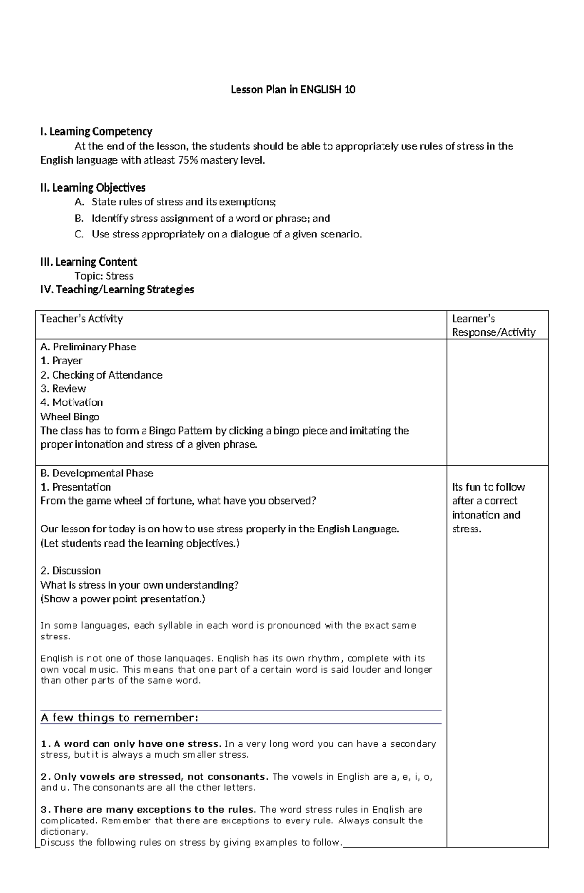 Lesson PLAN Stress - Lesson Plan in ENGLISH 10 I. Learning Competency ...