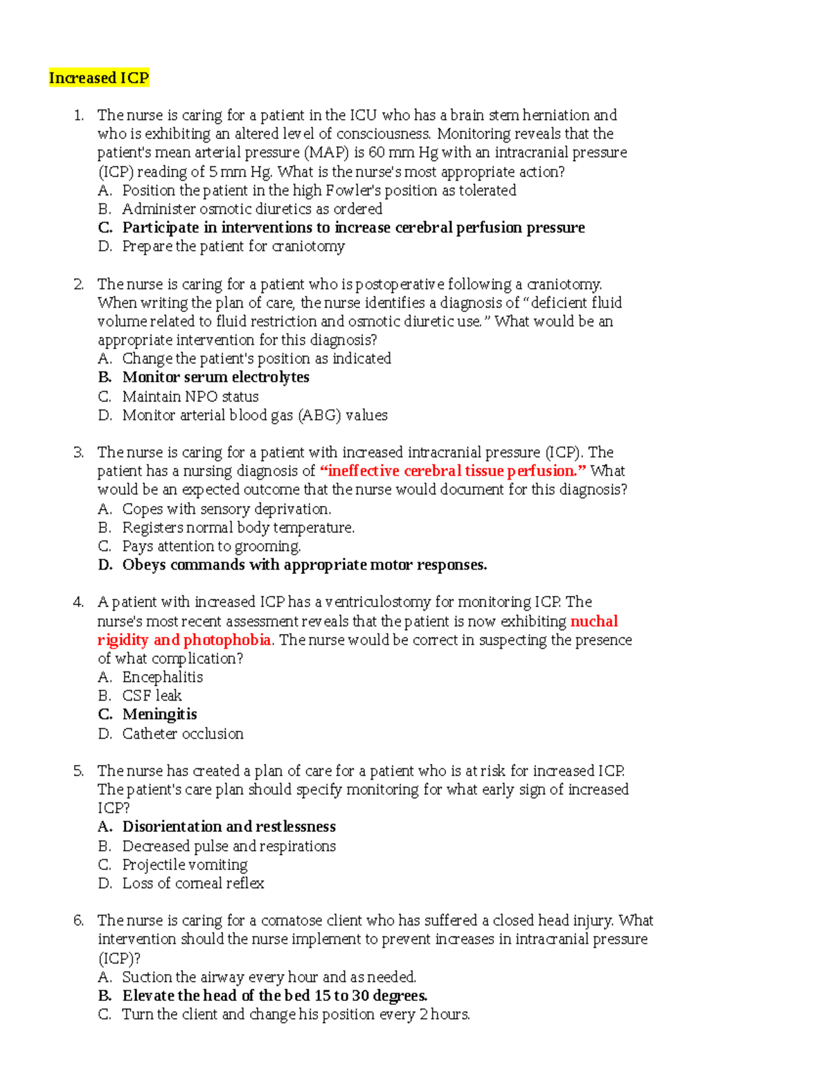 Med Surg Test 3 Q - NEURO - Increased ICP 1. The nurse is caring for a ...