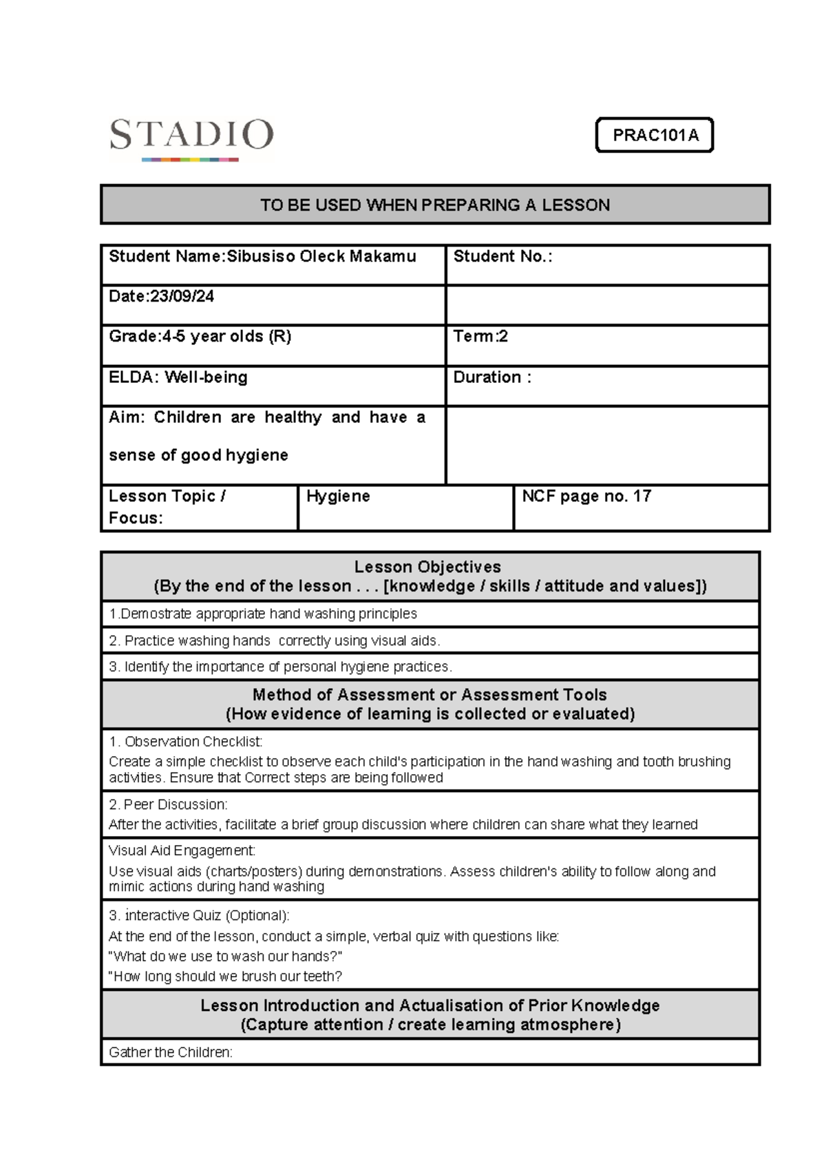 Prac 101A lesson plan template (1) E (1)-1 - PRAC101A TO BE USED WHEN ...