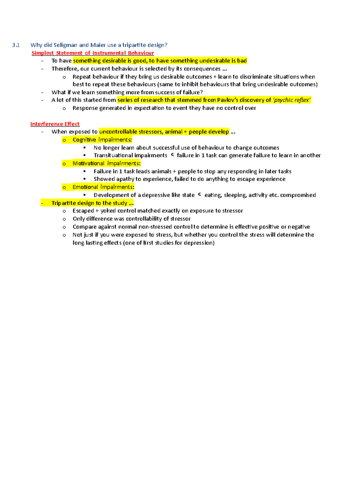 1-3 - Lecture notes 1-3 - 3 Why did Seligman and Maier use a tripartite ...