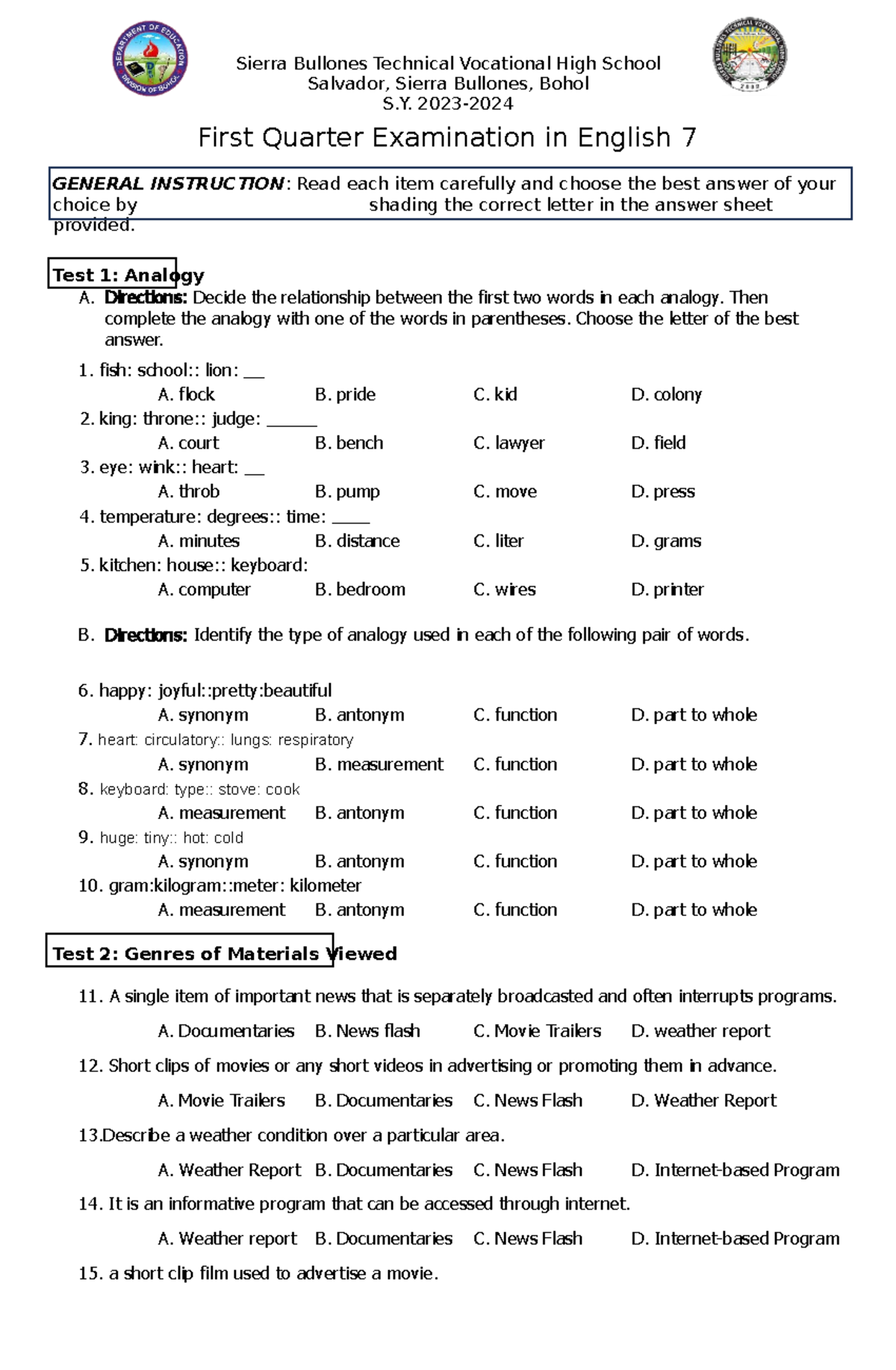 1st Quarter Exam English 7 - Sierra Bullones Technical Vocational High ...