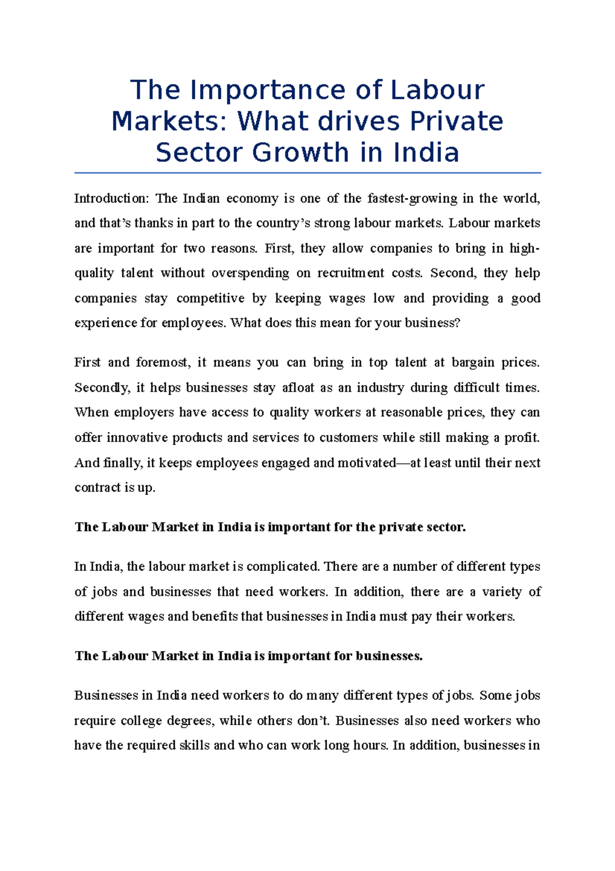 The Importance of Labour Markets, What drives Private Sector Growth in ...