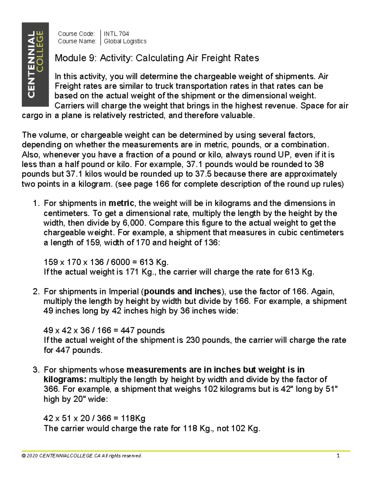 INTL704-Mod-09-Activity Air Freight Rate - Course Code: INTL 704 Course ...