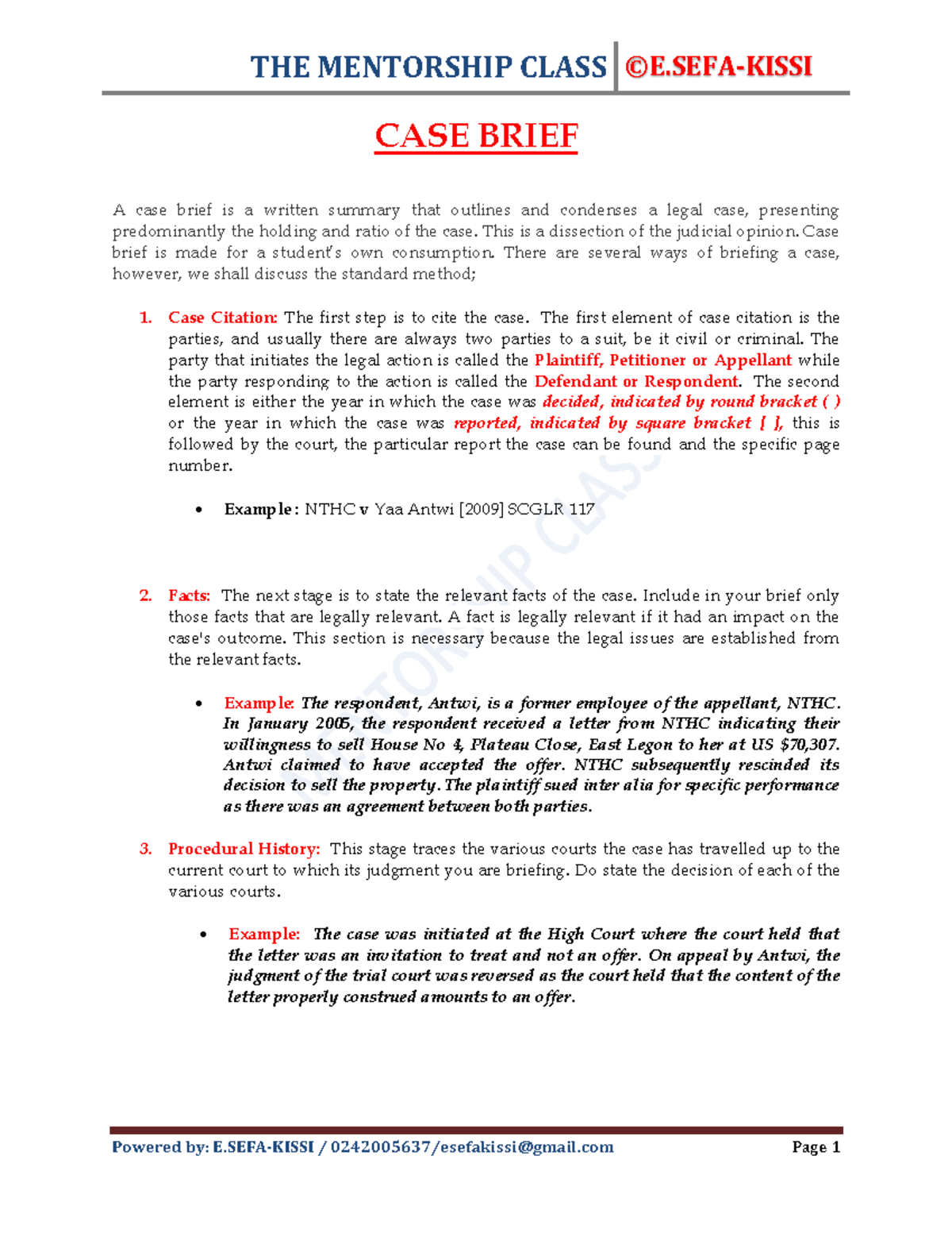 Case Brief Basic Steps - THE MENTORSHIP CLASS ©E-KISSI Powered by: E ...