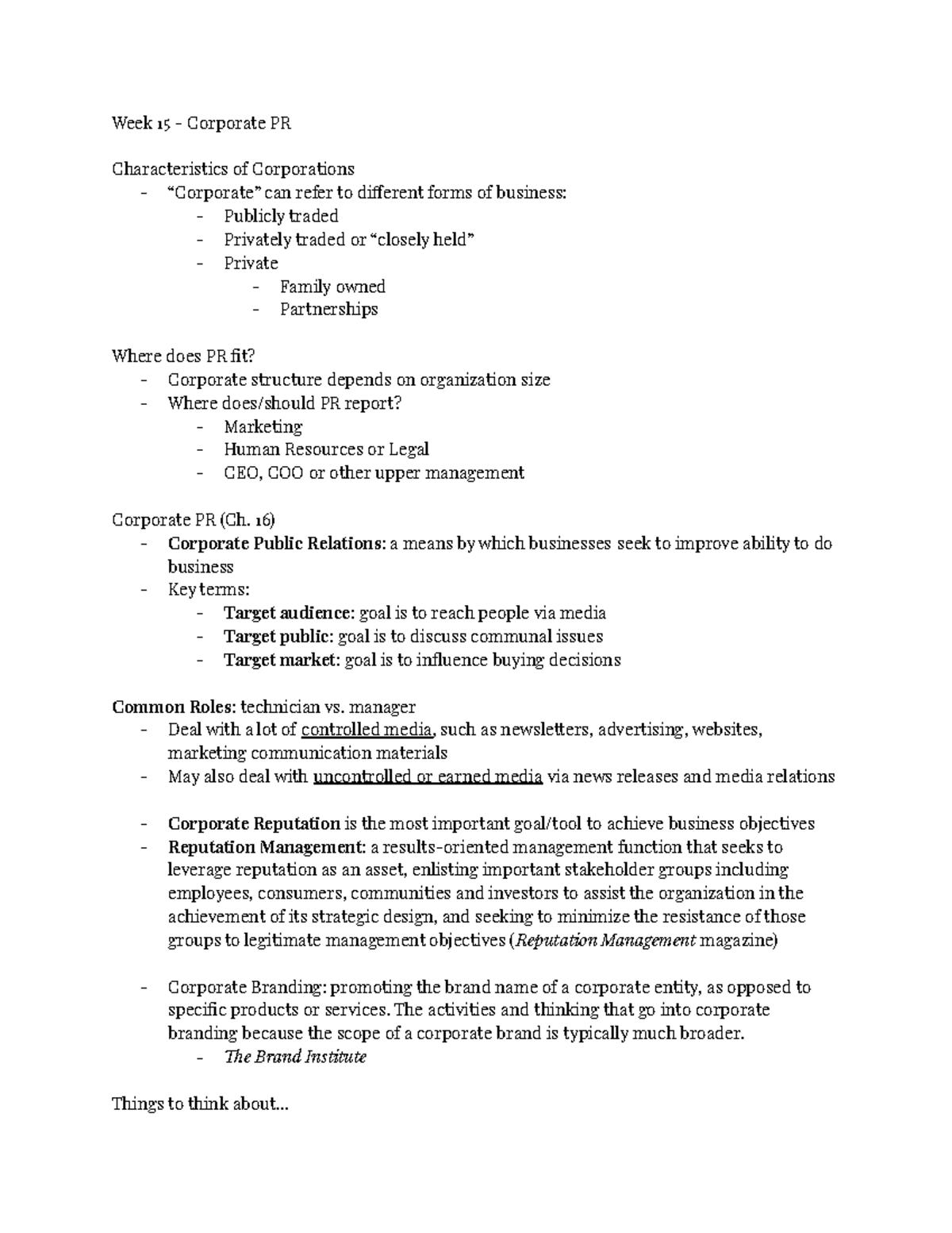 Corporate PR Notes - JOUR 201 - Principles of Public Relations - Week ...