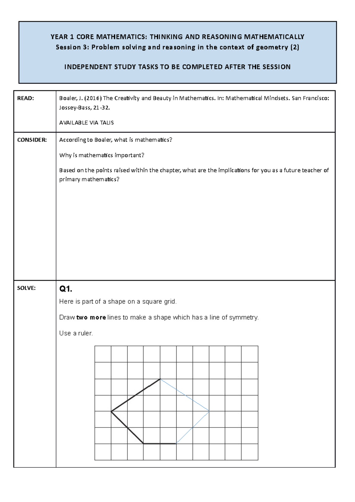Maths study tasks Session 3, semester 1 - YEAR 1 CORE MATHEMATICS ...