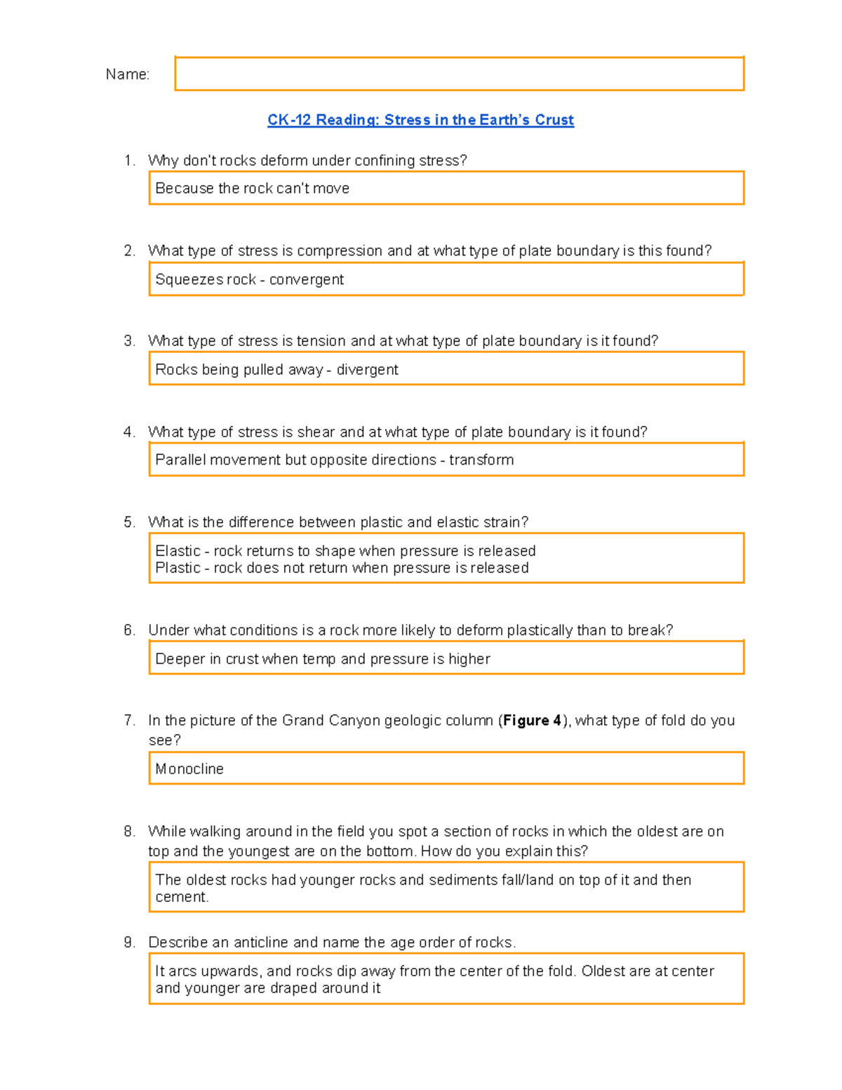 CK-12 Reading Ch. 7-1, Stress in the Earth's Crust Faults - Name: CK-12 ...