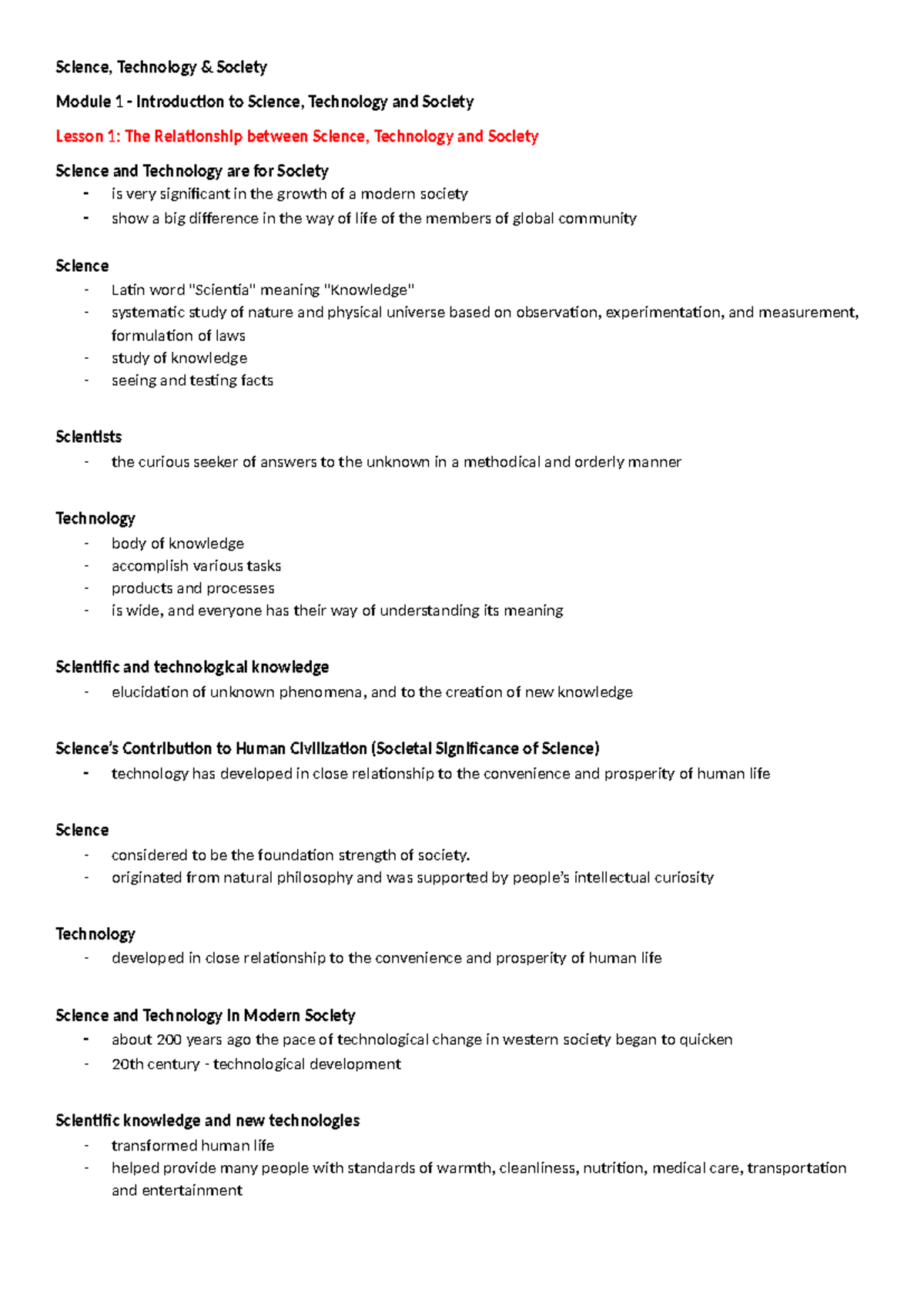 STS Notes - Science, Technology & Society Module 1 - Introduction to ...