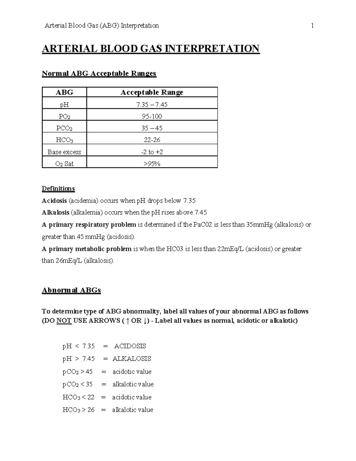 ABG Interpretation Exercise - ARTERIAL BLOOD GAS INTERPRETATION Normal ...