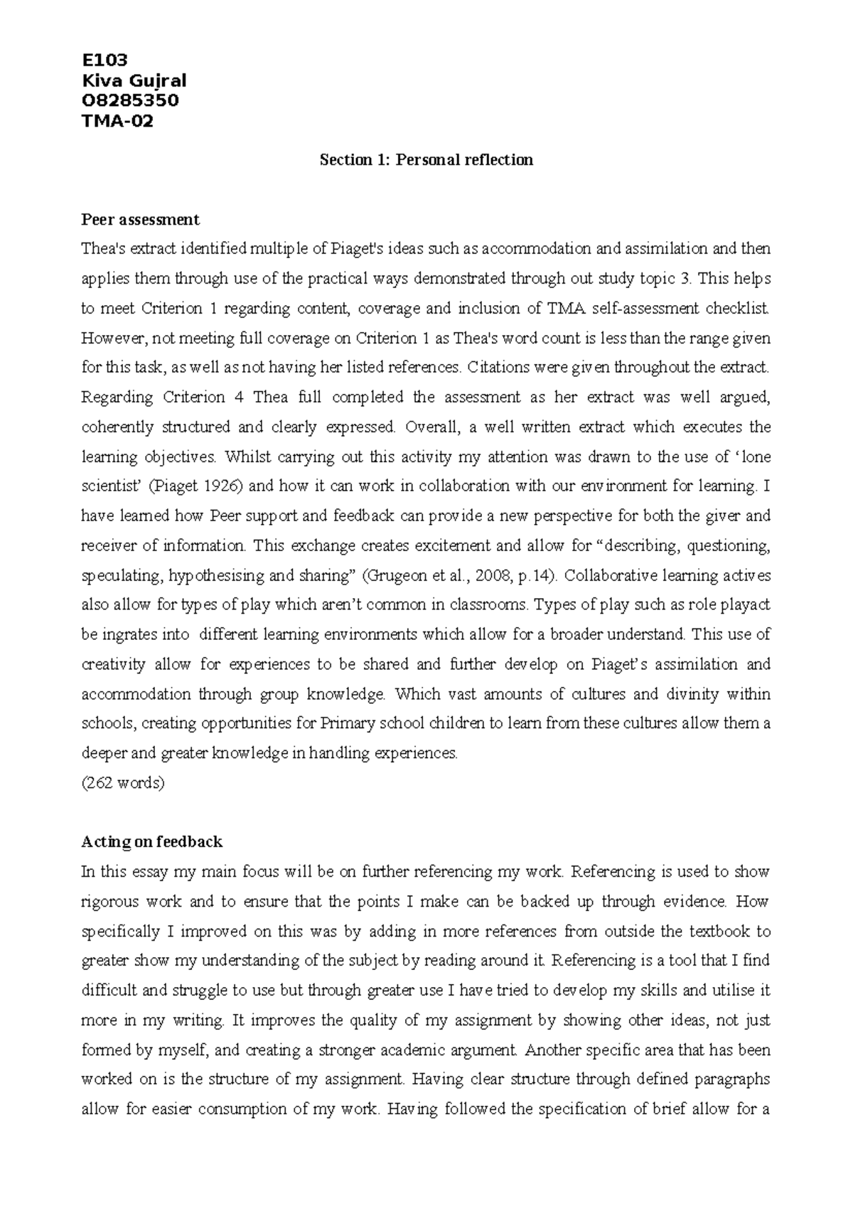 E103 - lecture notes - Kiva Gujral O TMA- Section 1: Personal ...