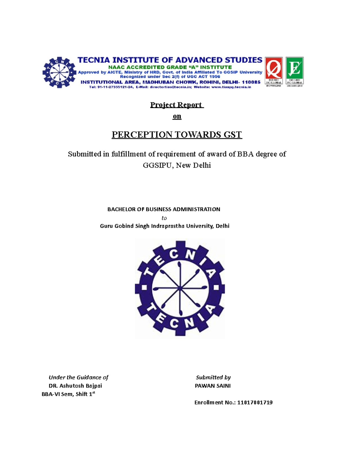 Project report 6th sem Bba - Project Report on PERCEPTION TOWARDS GST ...