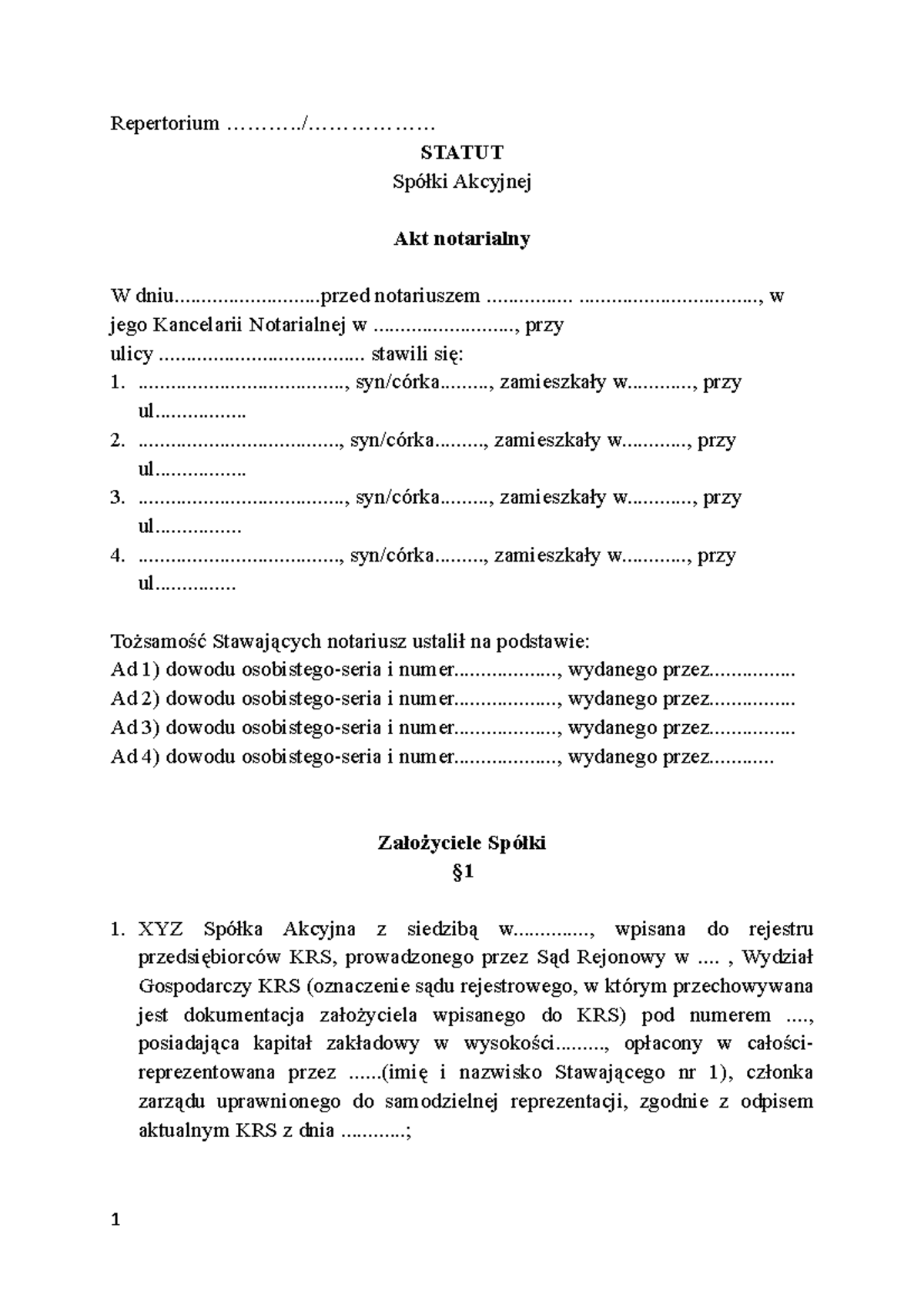 Statut Spółki Akcyjnej - Repertorium ...