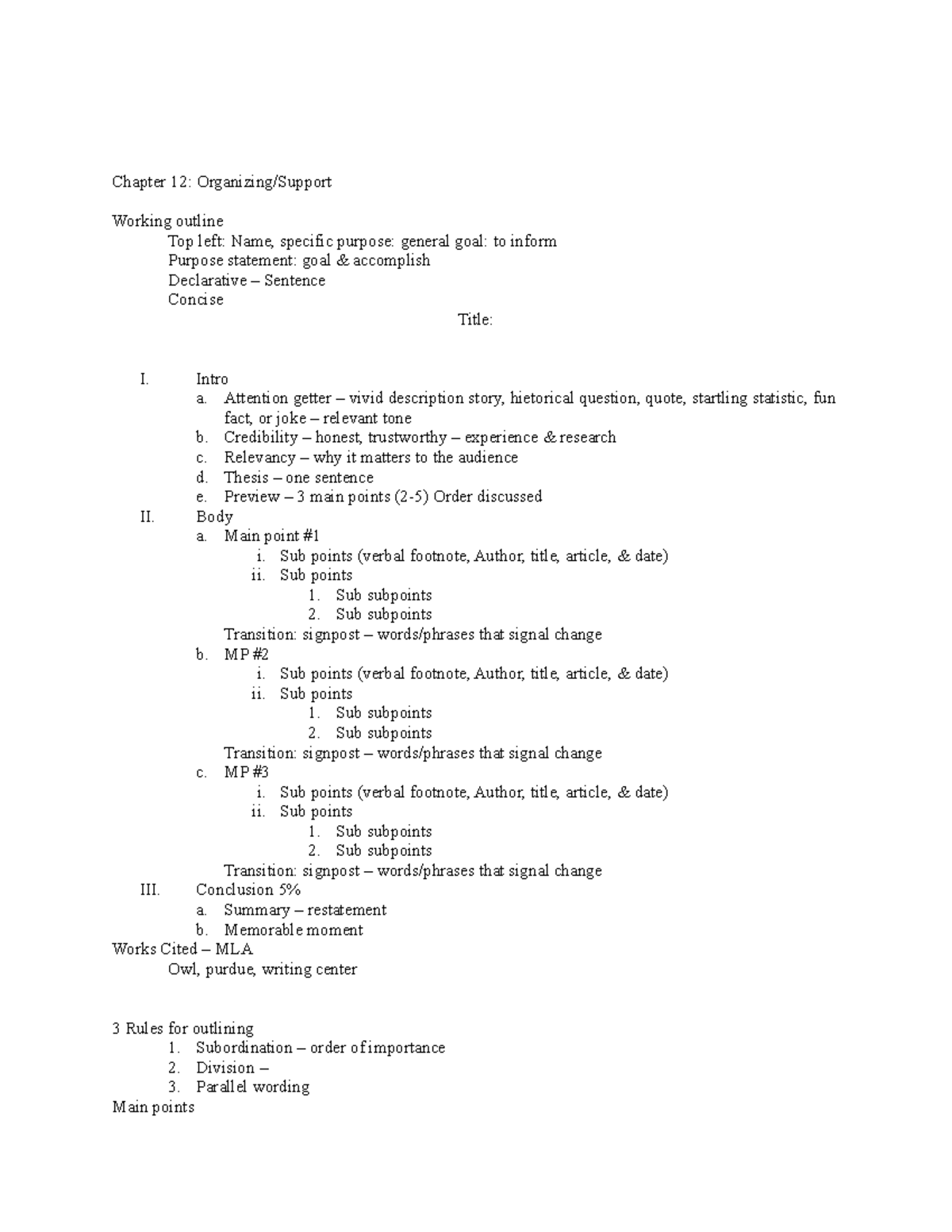Speech outline notes - Instructor: Wren Levitt - Chapter 12: Organizing ...