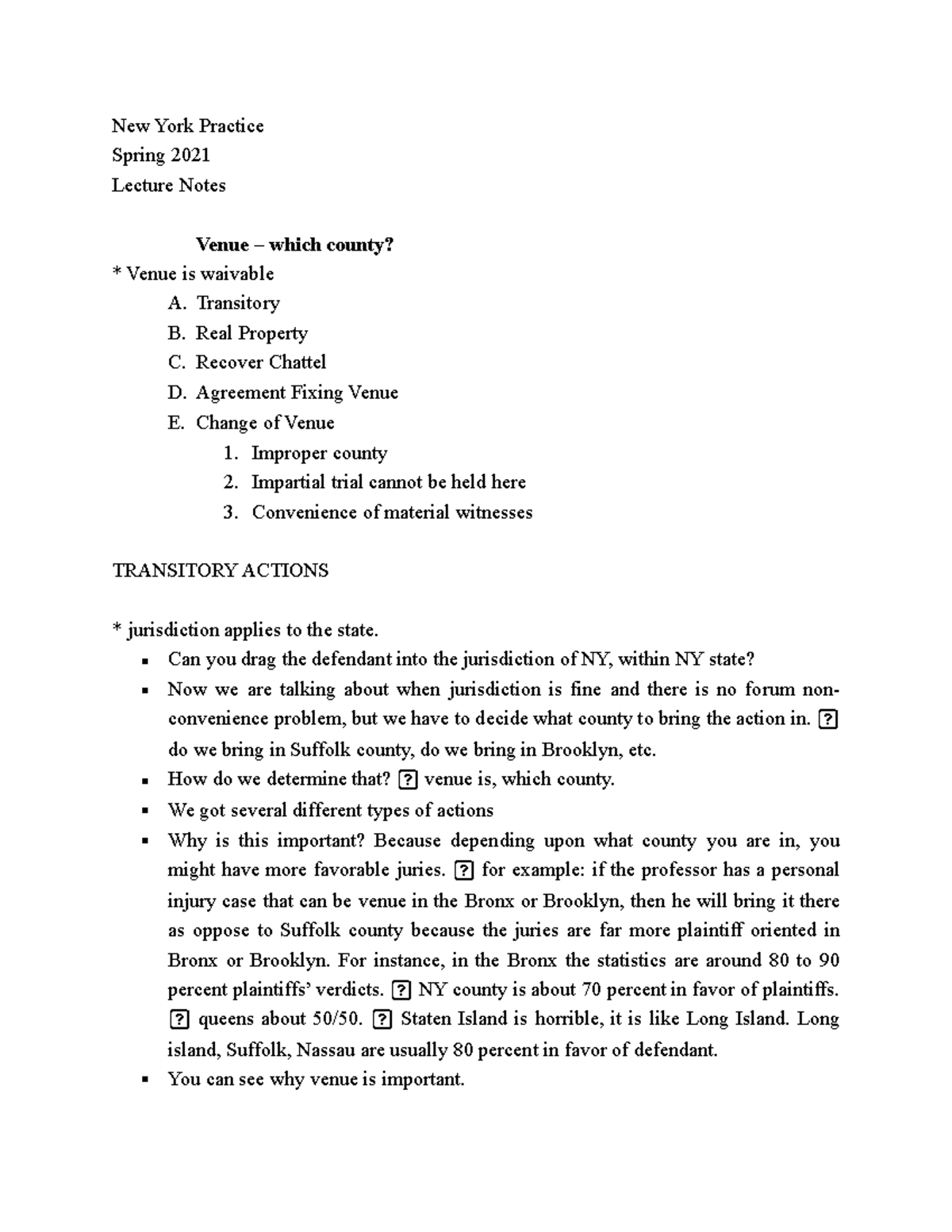 Transitory Actions - Lecture notes 4 - New York Practice Spring 2021 ...