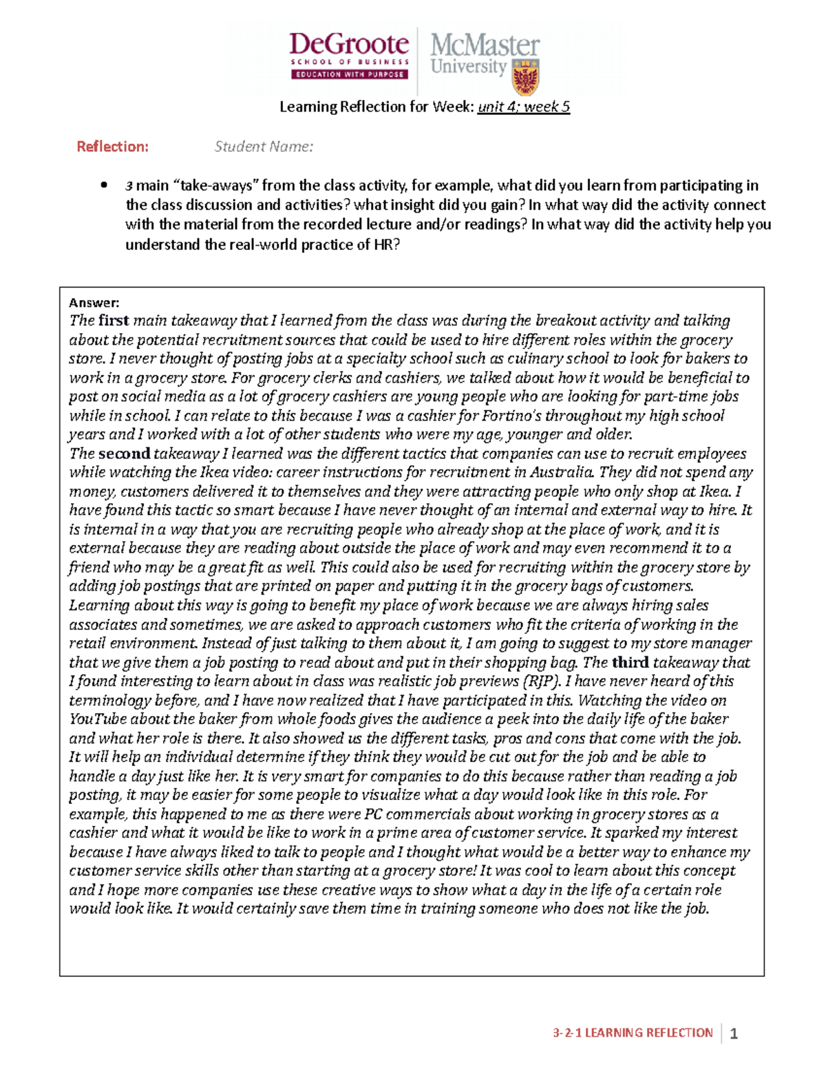 Learning Reflection week 5 - Learning Reflection for Week: unit 4; week ...