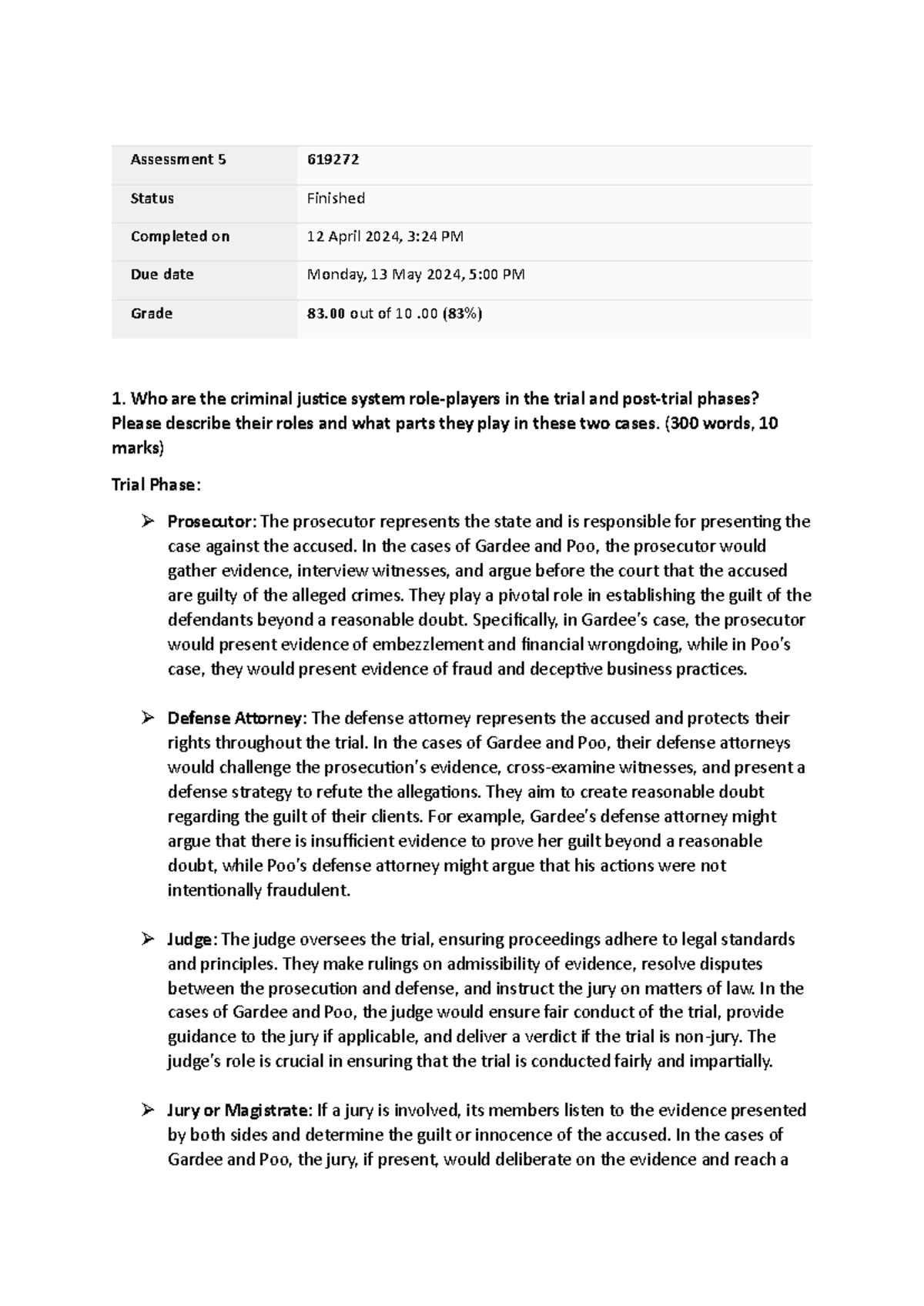 SJD1501 | Assessment 5 - Who are the criminal justice system role ...