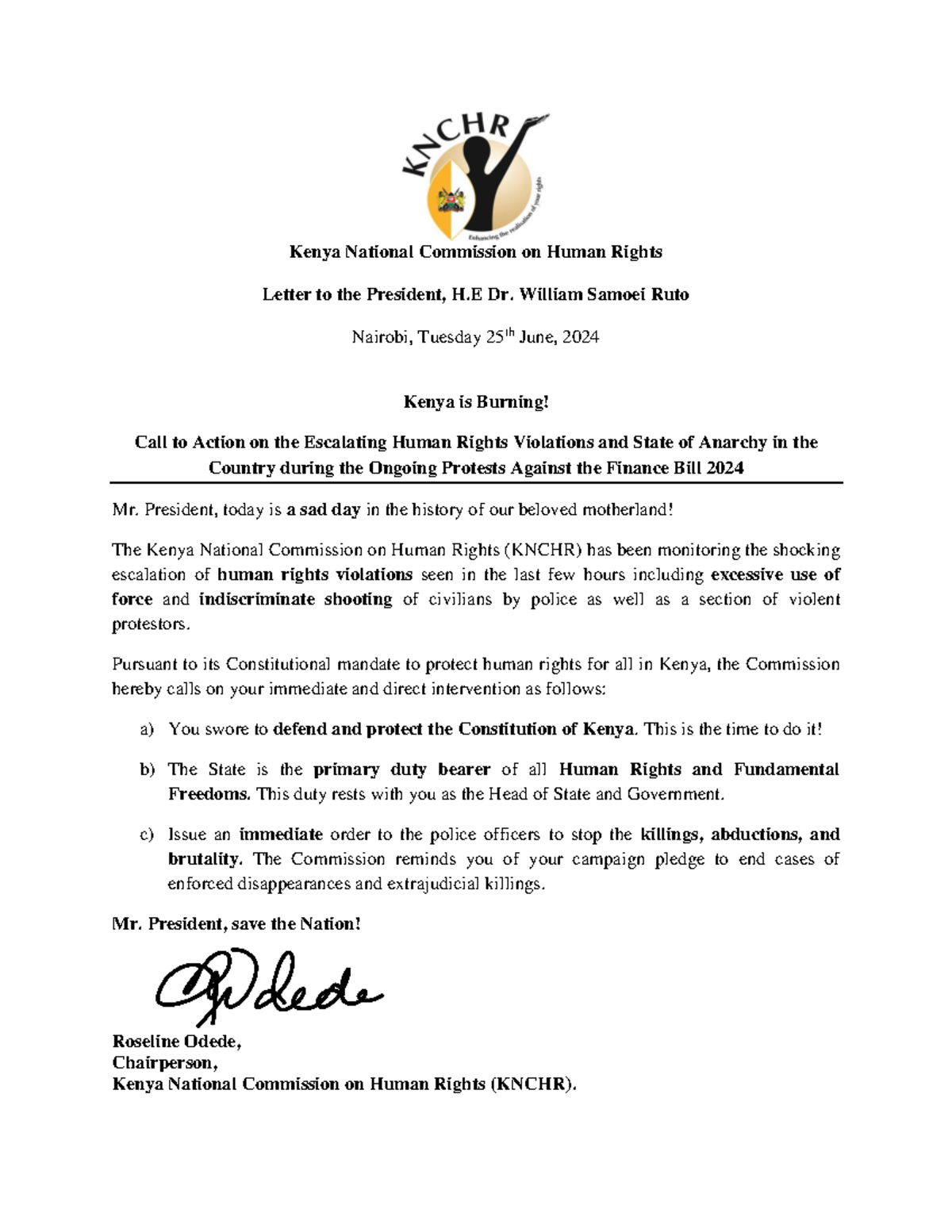 Knchr Letter to the President - Kenya National Commission on Human ...