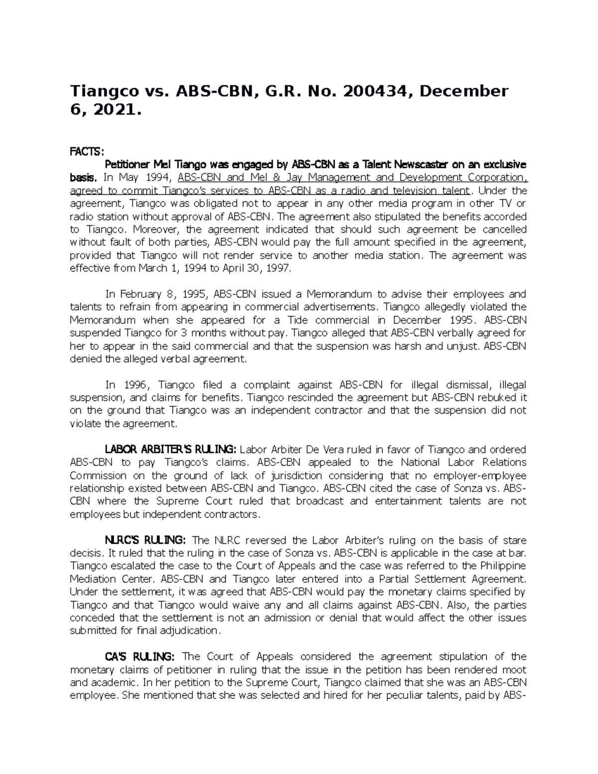 Tiangco vs ABS-CBN - Case of Tiagco vs ABS-CBN - Tiangco vs. ABS-CBN, G ...