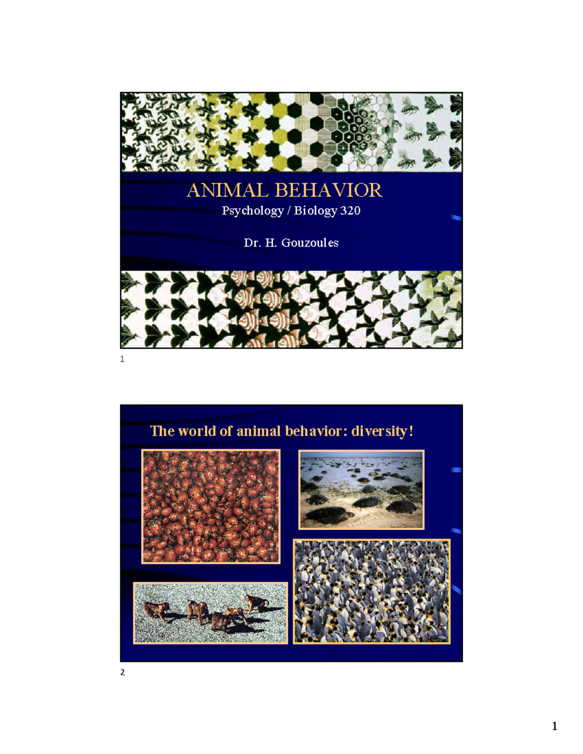 AB320 1 21 - lecture 1 slide - Psychology / Biology 320 Dr. H ...