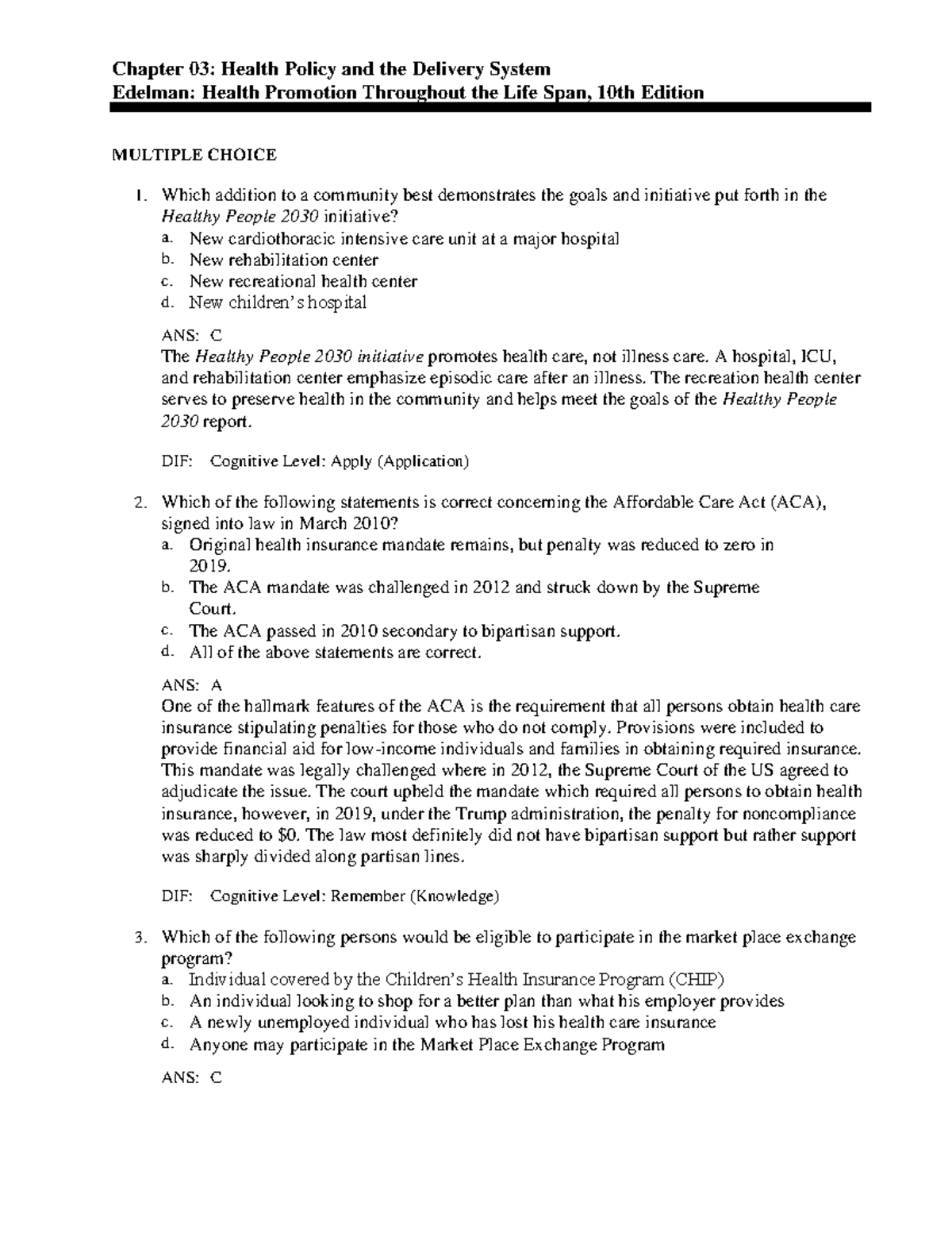 03 - CHAP 3 - Chapter 03: Health Policy and the Delivery System Edelman ...