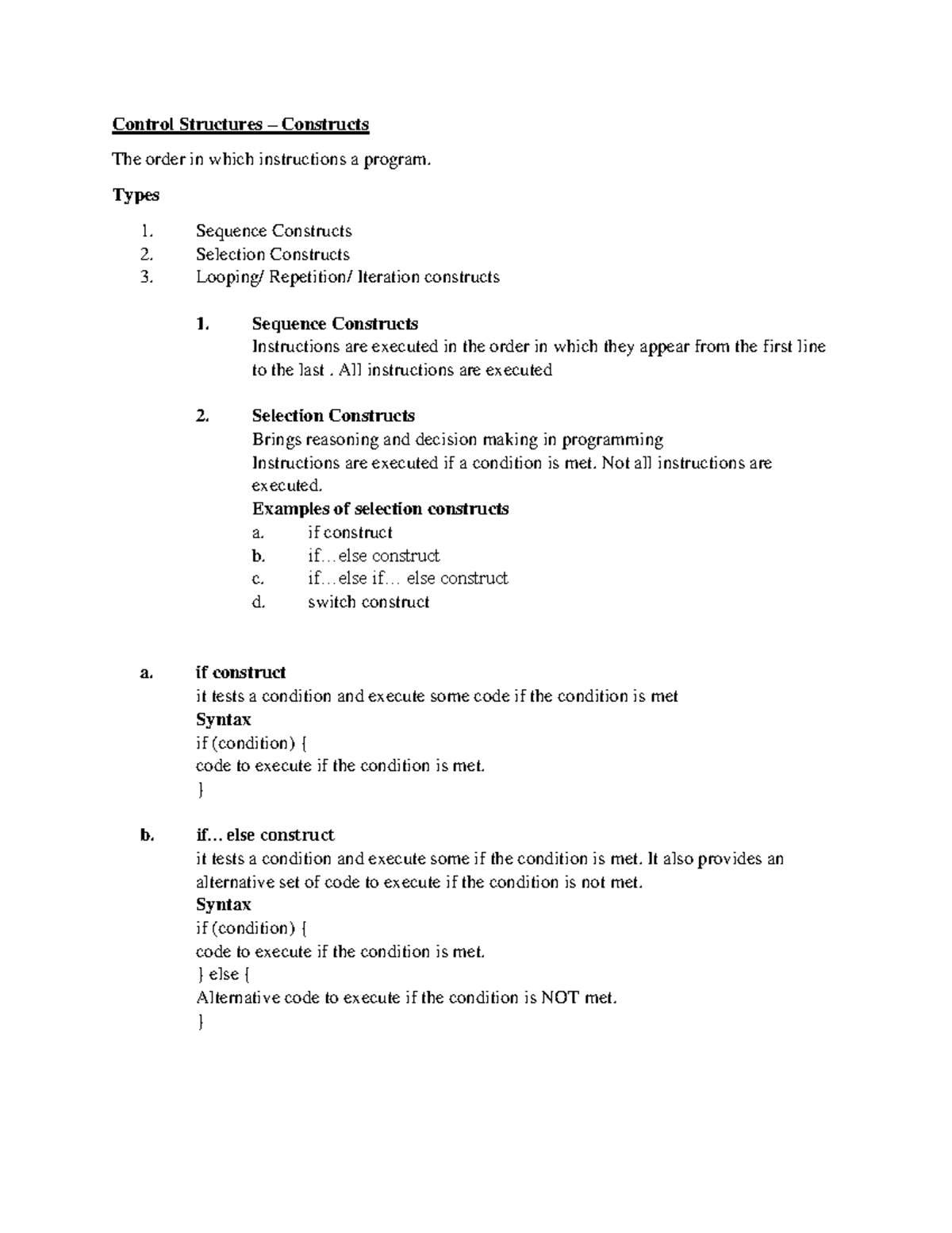 Lesson 6 C Control Structures And Programs Control Structures Constructs The Order In