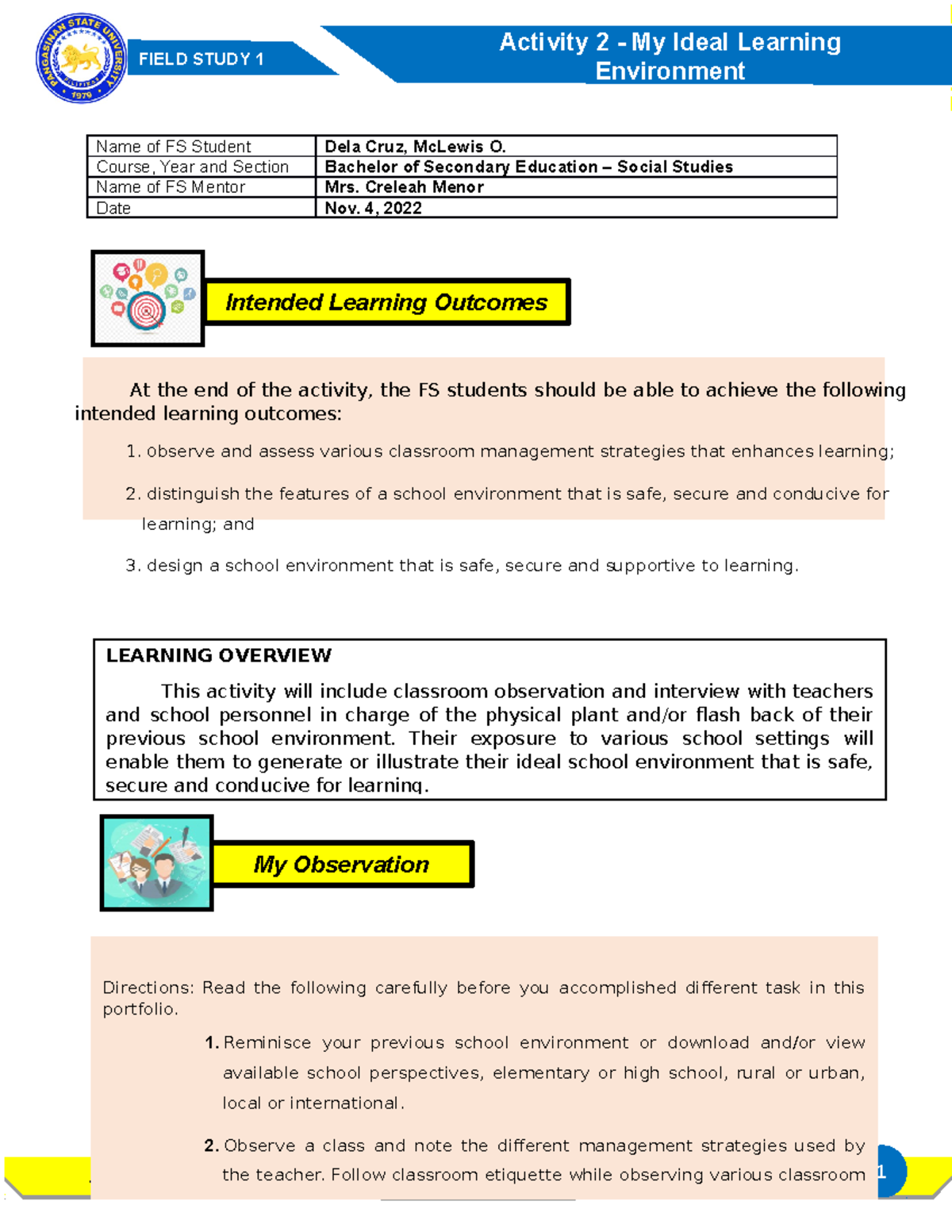 FS1-Activity-2 - activities - ####### FIELD STUDY 1 E- PORTFOLIO FOR ...