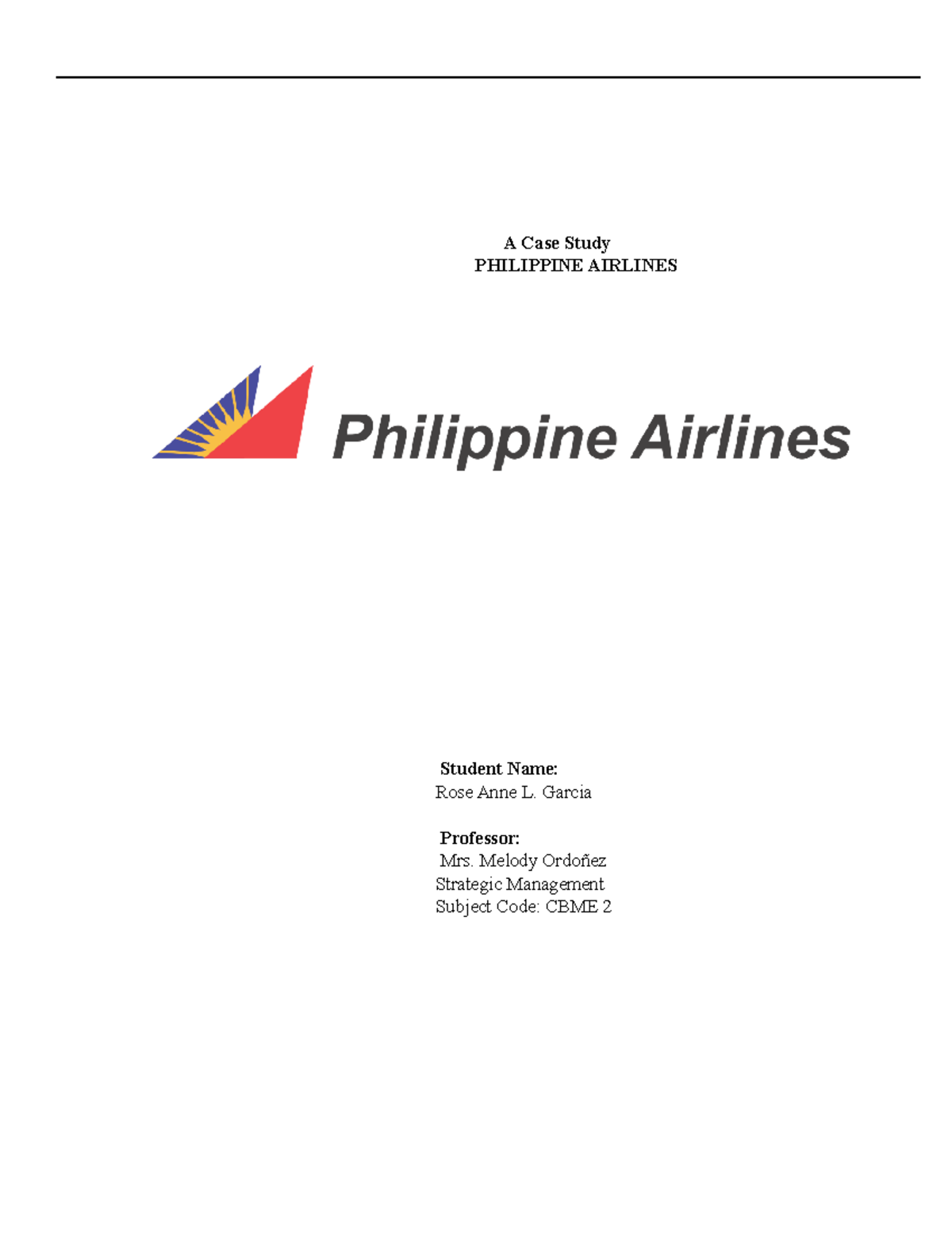 PAL CASE Study Final - JASMINE RIUS - A Case Study PHILIPPINE AIRLINES Student Name: Rose Anne L ...