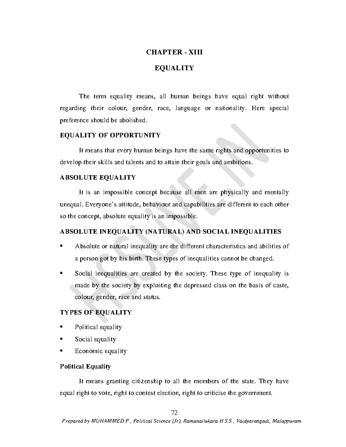 XI politics chapter 13 Equality - 72 CHAPTER - XIII EQUALITY The term ...