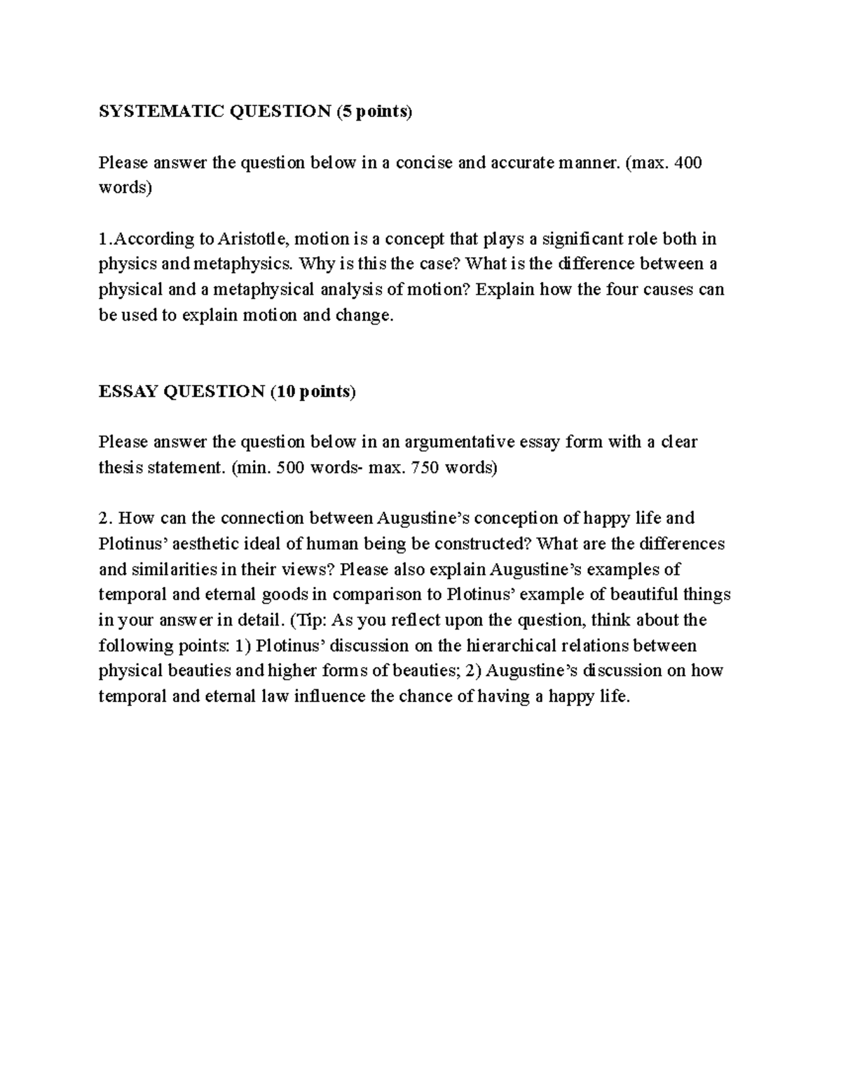 Philosophy Assignment 2 - SYSTEMATIC QUESTION (5 points) Please answer ...