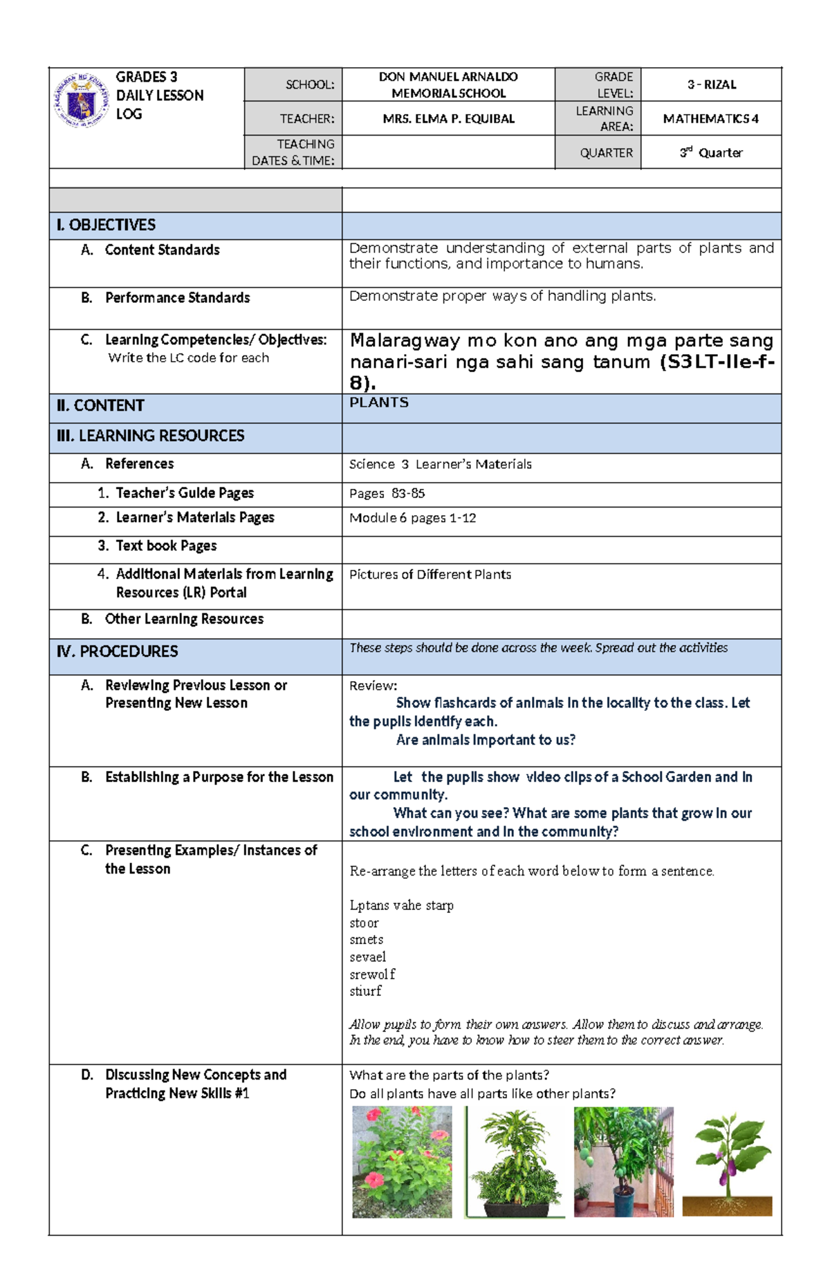 Grade 4- COT- Selma - GRADES 3 DAILY LESSON LOG SCHOOL: DON MANUEL ...