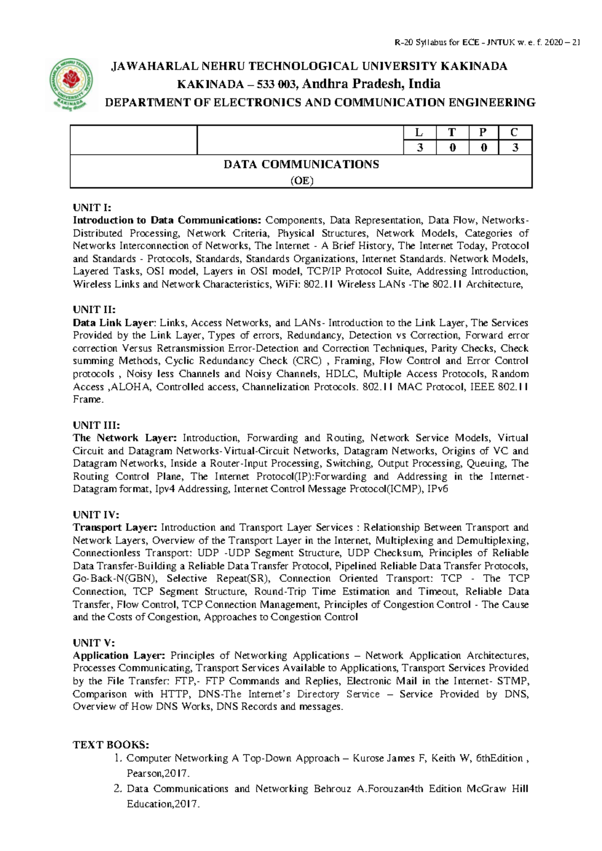 DATA Communcations Syllabus - R- 20 Syllabus for ECE - JNTUK w. e. f ...
