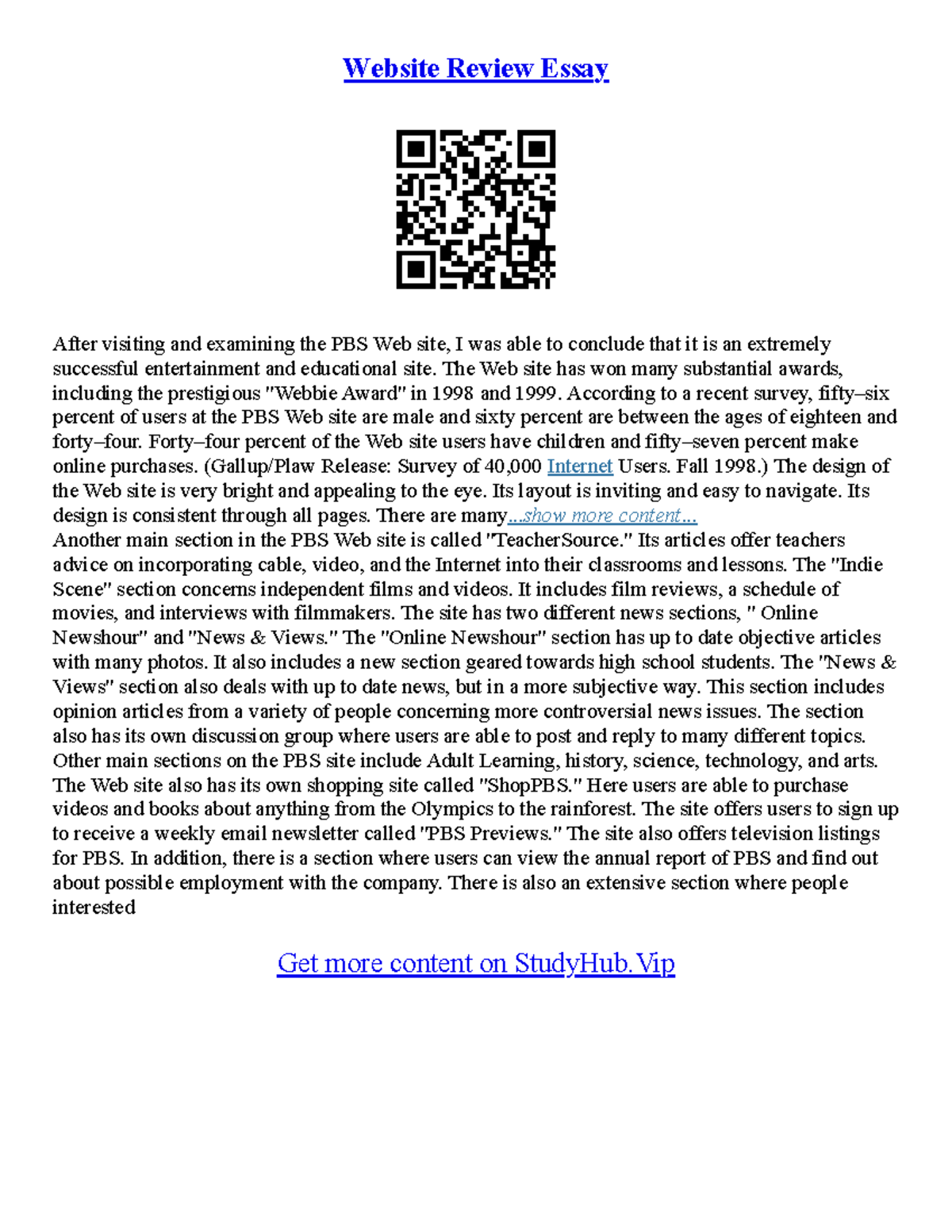 Essay Papers Examples - Website Review Essay After visiting and ...