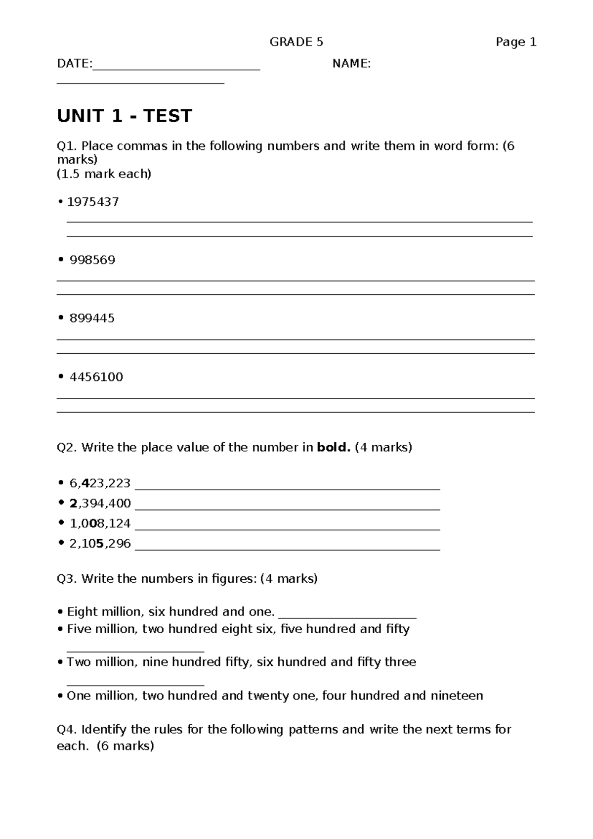 Grade 5 - unit 1 maths test - GRADE 5 Page 1 DATE ...