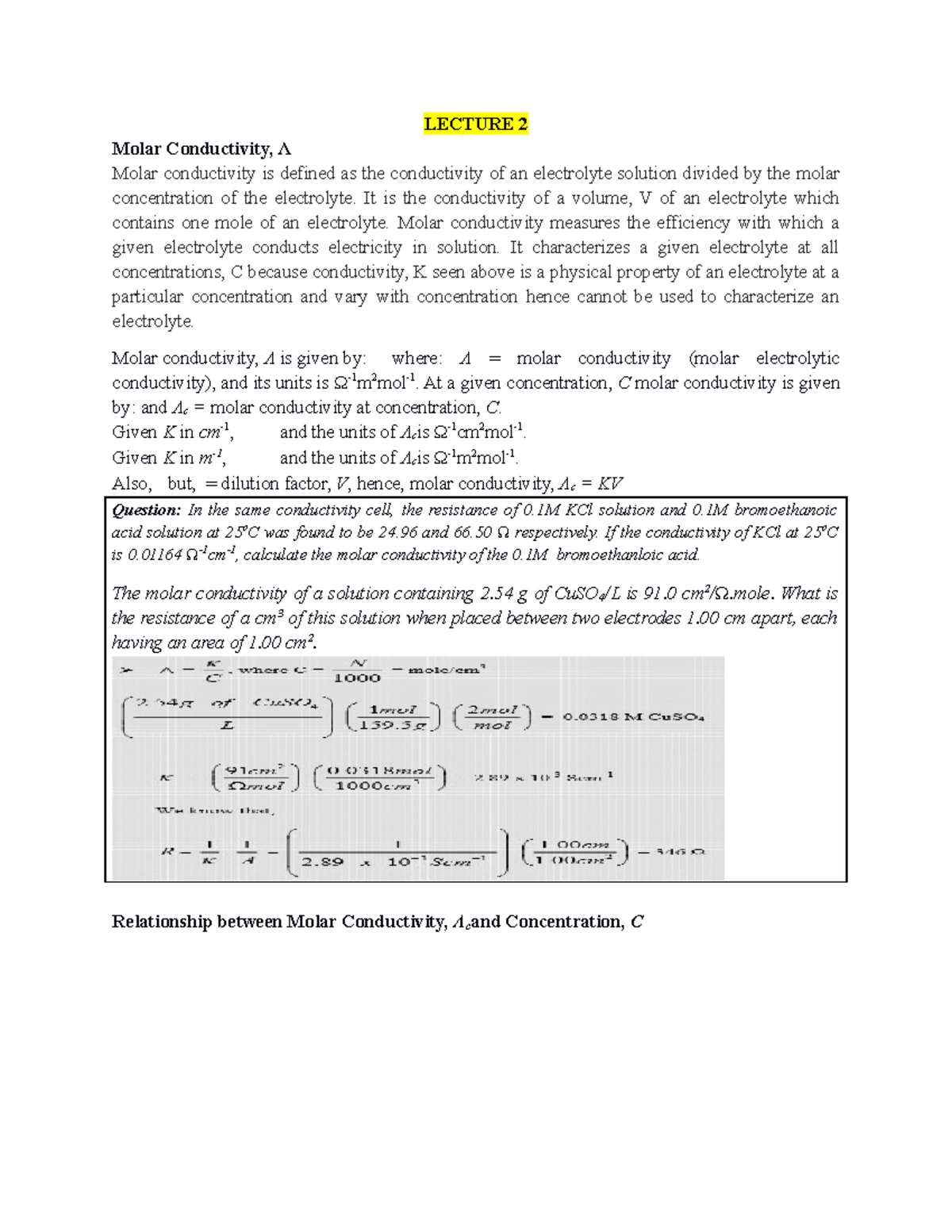 Lecture 2 Electrochemistry - LECTURE 2 Molar Conductivity, Λ Molar ...