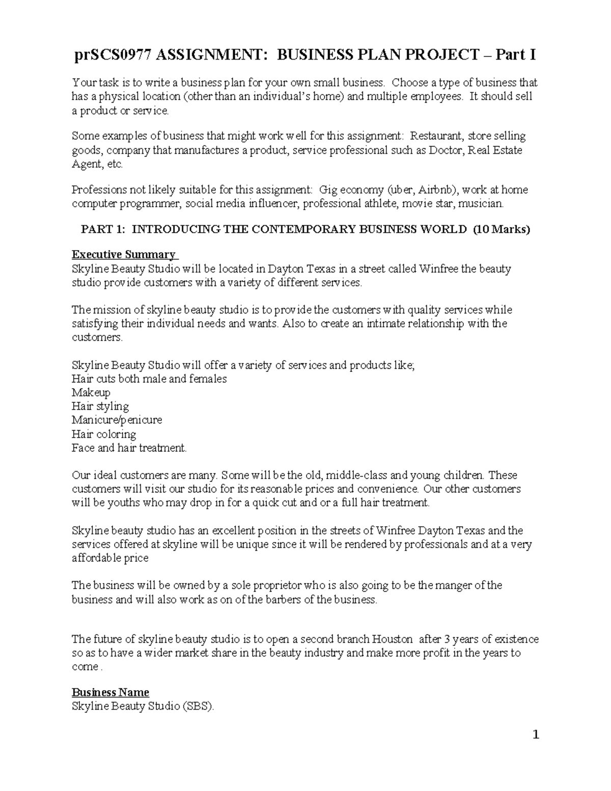 SCS0977 Business Plan template - Part I - prSCS0977 ASSIGNMENT ...