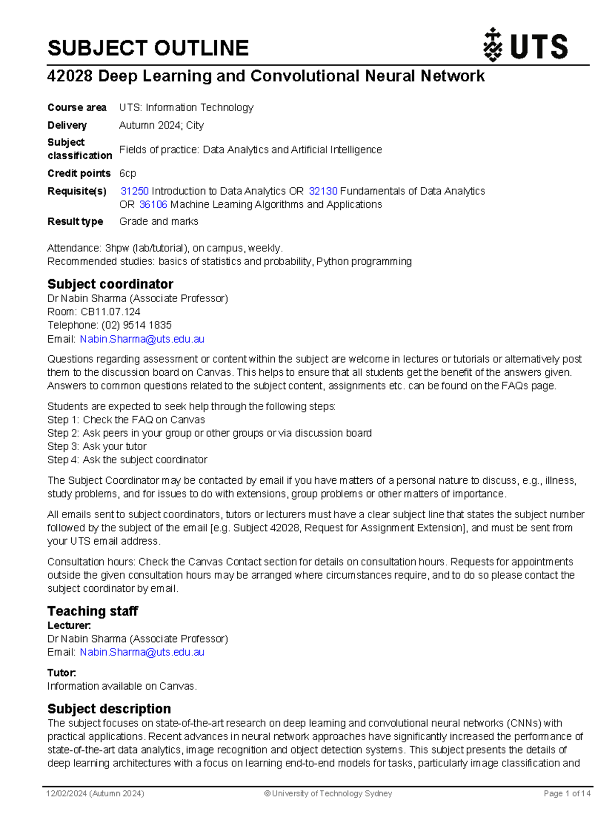 42028 outline - SUBJECT OUTLINE 42028 Deep Learning and Convolutional ...