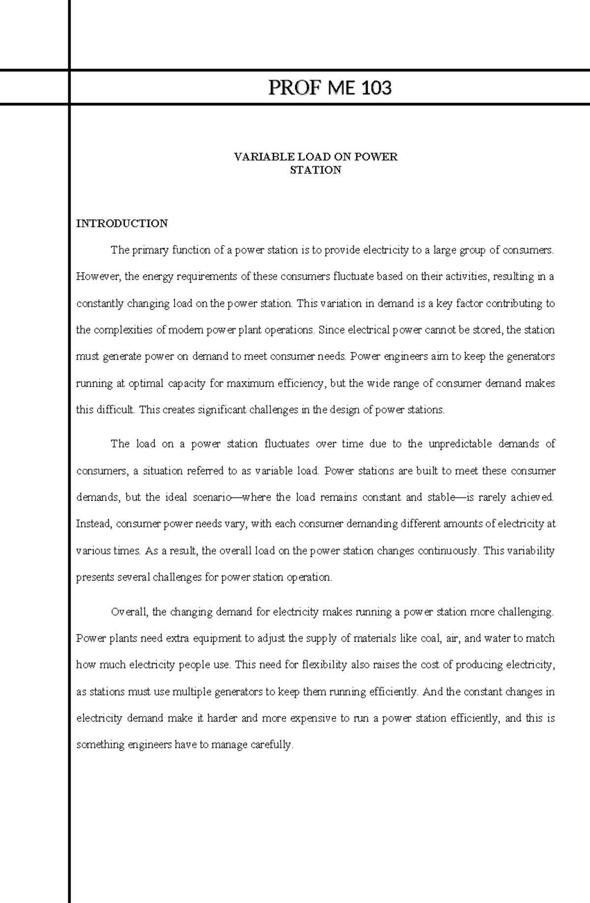 Variable LOAD ON Power Station-1 - PROF ME 103 VARIABLE LOAD ON POWER ...