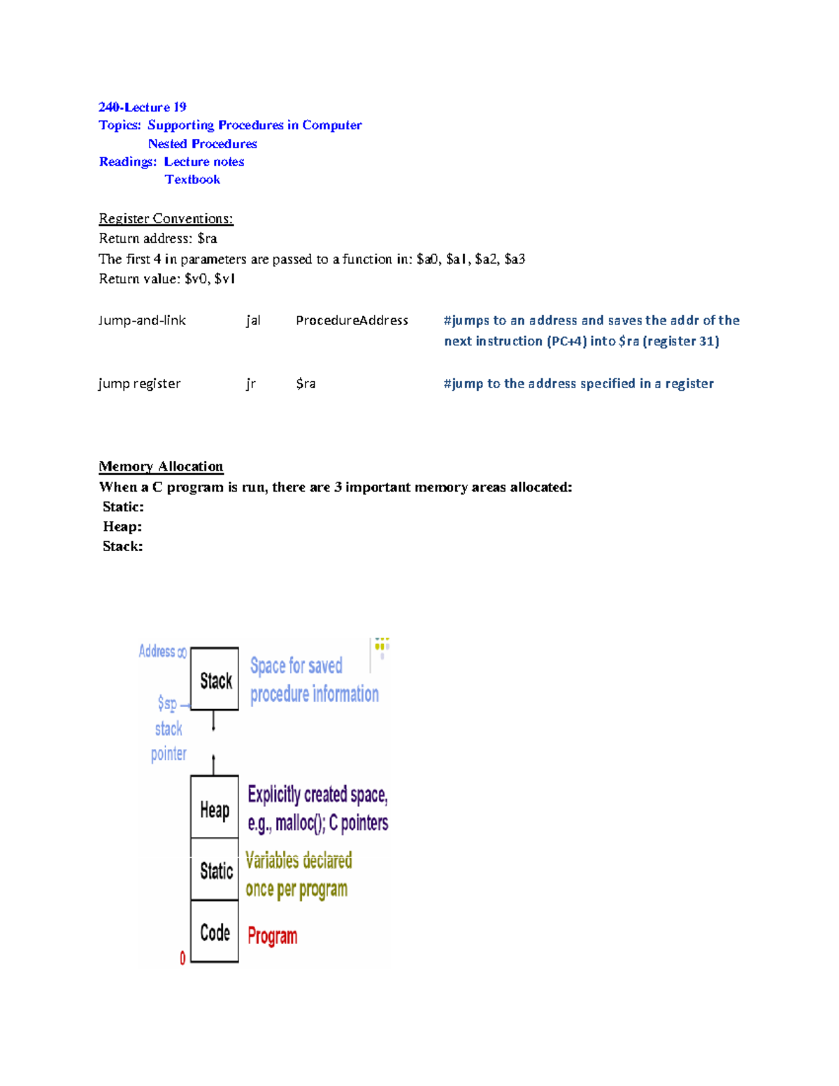 240Lec19 - Lecture notes - 240-Lecture 19 Topics: Supporting Procedures ...