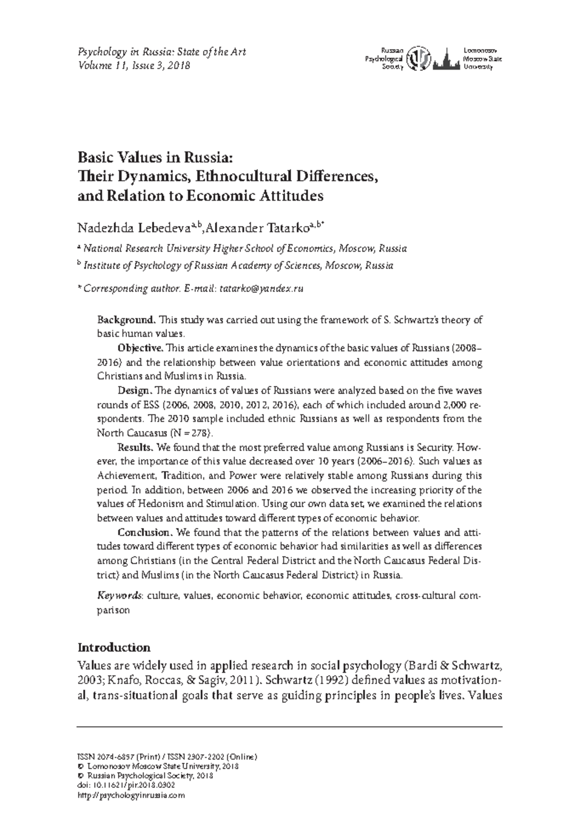 Basic values in Russia - Psychology in Russia: State of the Art Volume ...
