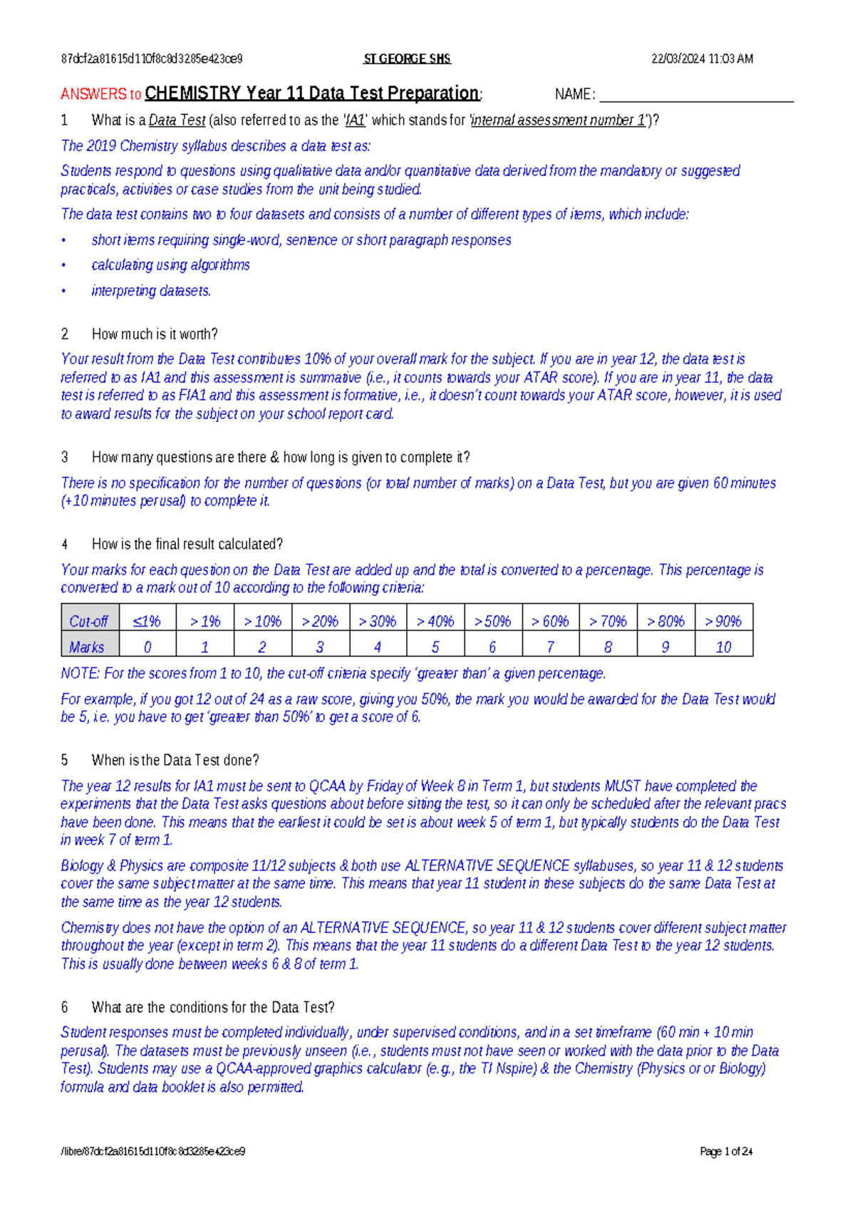 Chem U1 Yr11 FIA1 Prep Answers - ANSWERS to CHEMISTRY Year 11 Data Test ...