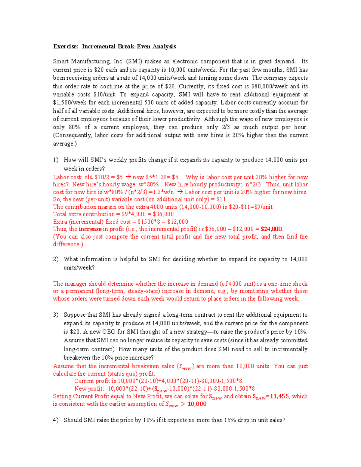 Incremental breakeven exercise - solution updated - Exercise: Incremental Break-Even Analysis ...