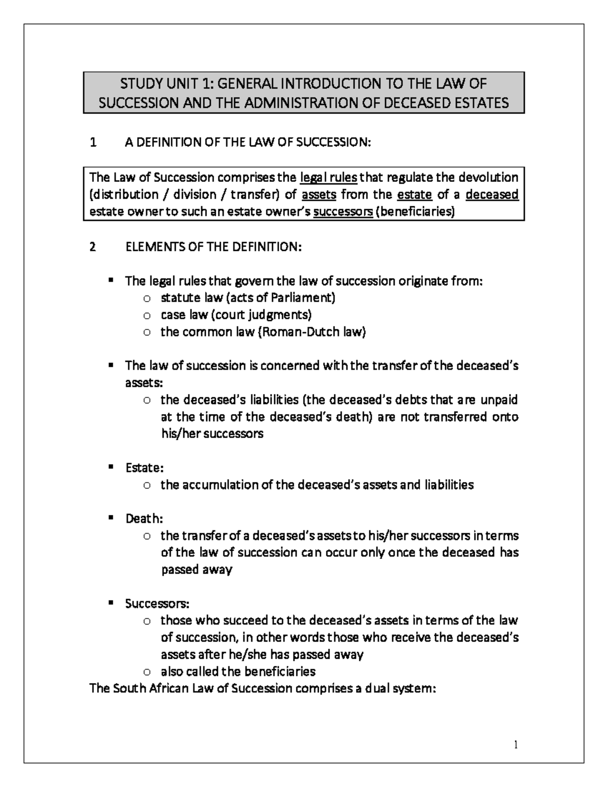 Succession unit 01 - STUDY UNIT 1 : GENERAL INTRODUCTION TO THE LAW OF ...